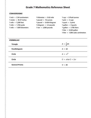Math Reference Sheet 7th Grade