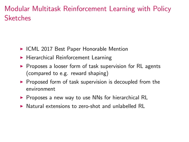 Modular Multitask Reinforcement Learning with Policy Sketches | PPT