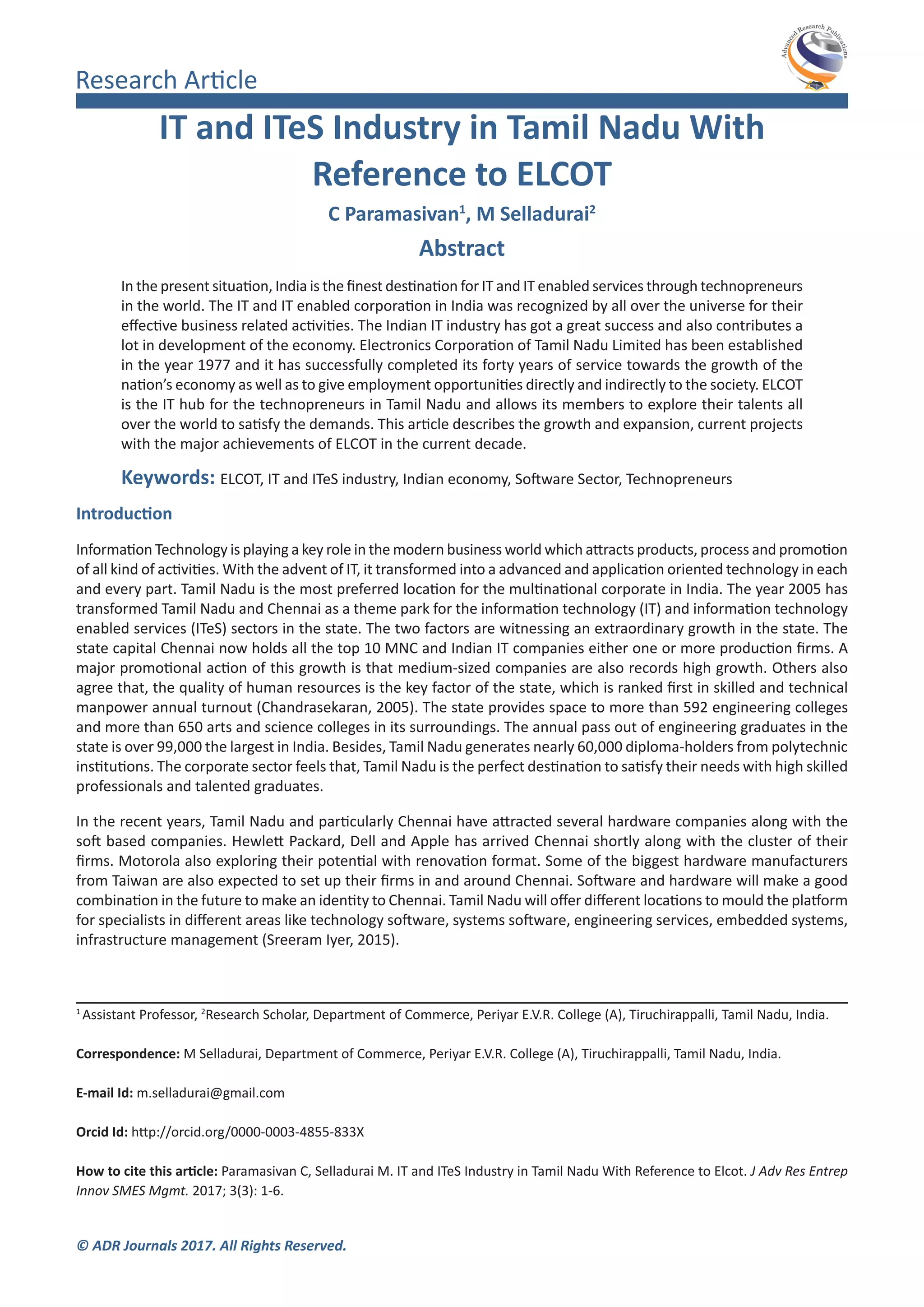 It and ITeS Industry in Tamil Nadu With Reference to ELCOT | PDF