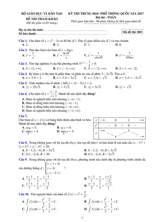 Đề Tham Khảo 2017 Môn Toán | PDF