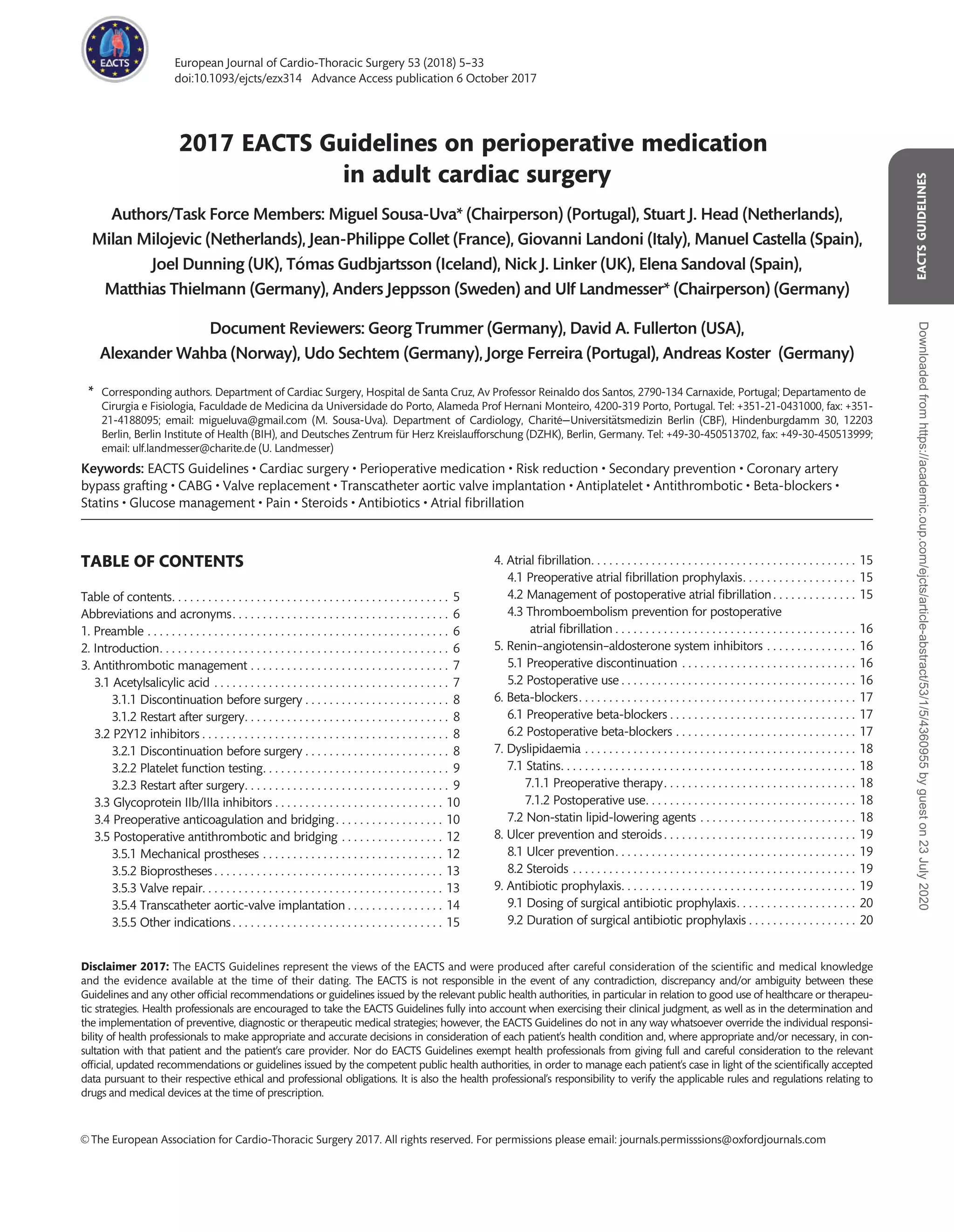 2017 eacts guidelines on perioperative medication in adult cardiac ...