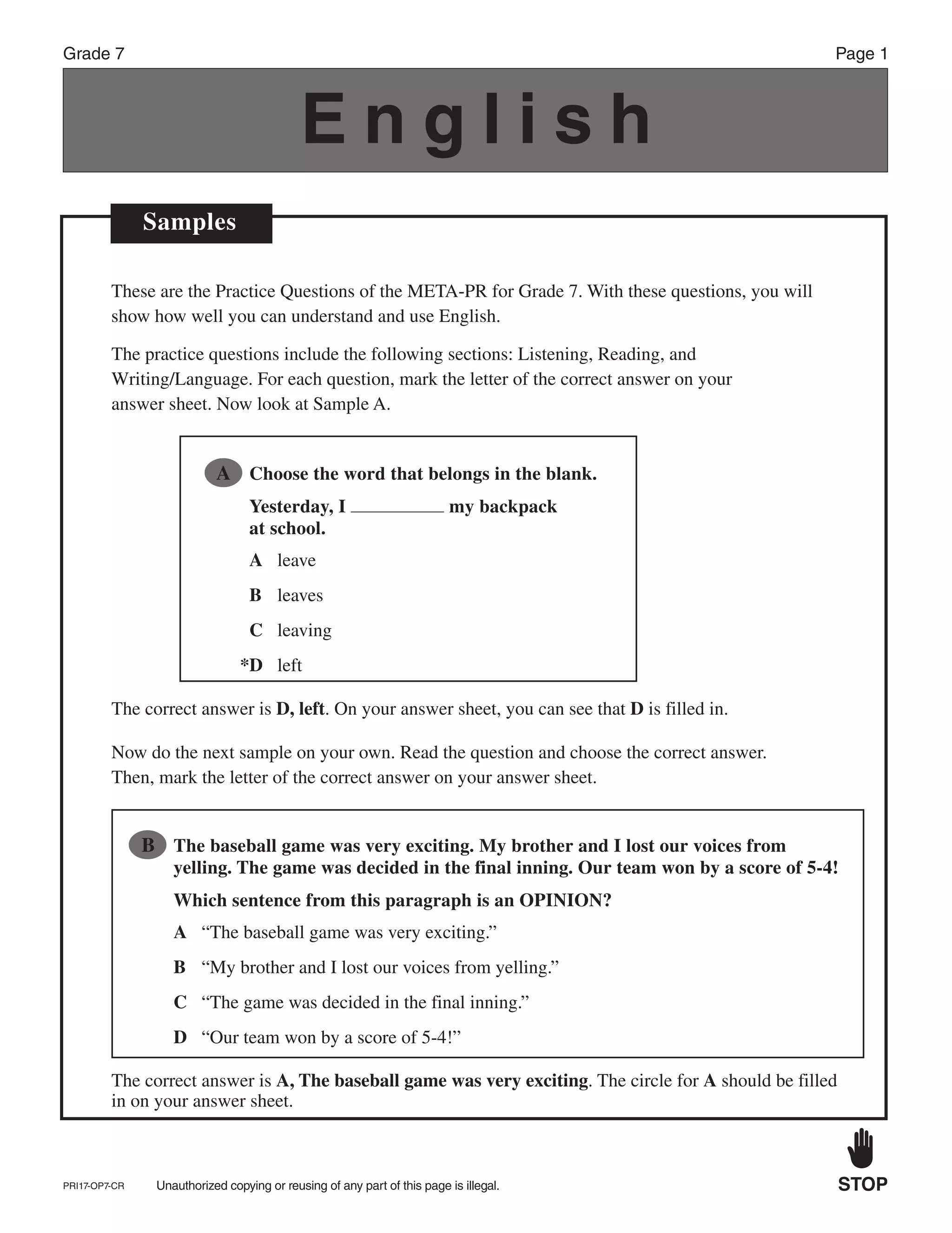 Ejercicios de práctica inglés 7 - 2017 | PDF