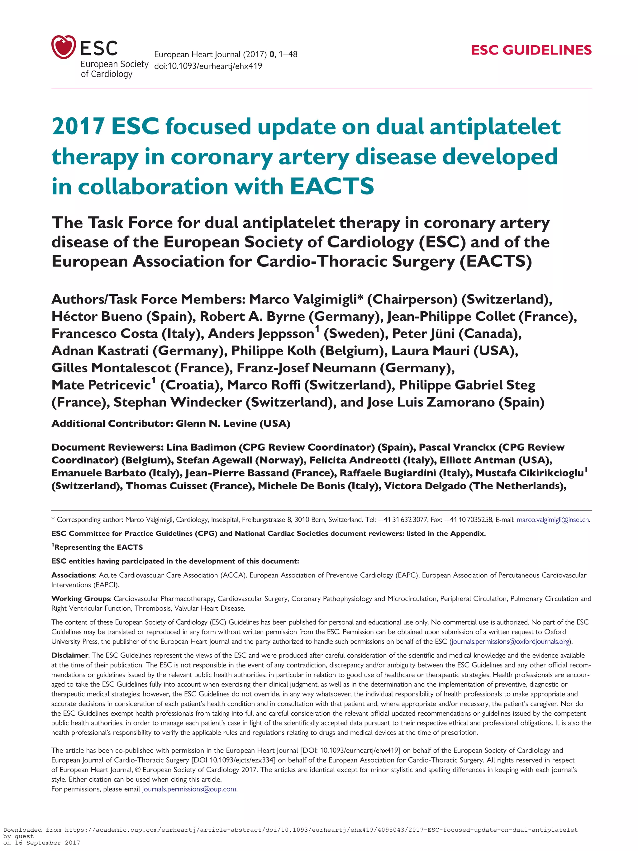 2017 esc focused update on dual antiplatelet therapy in coronary artery ...