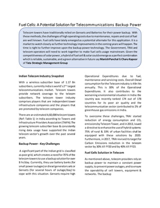 Fuel Cells- A Potential Solution for Telecommunications Backup Power | DOCX