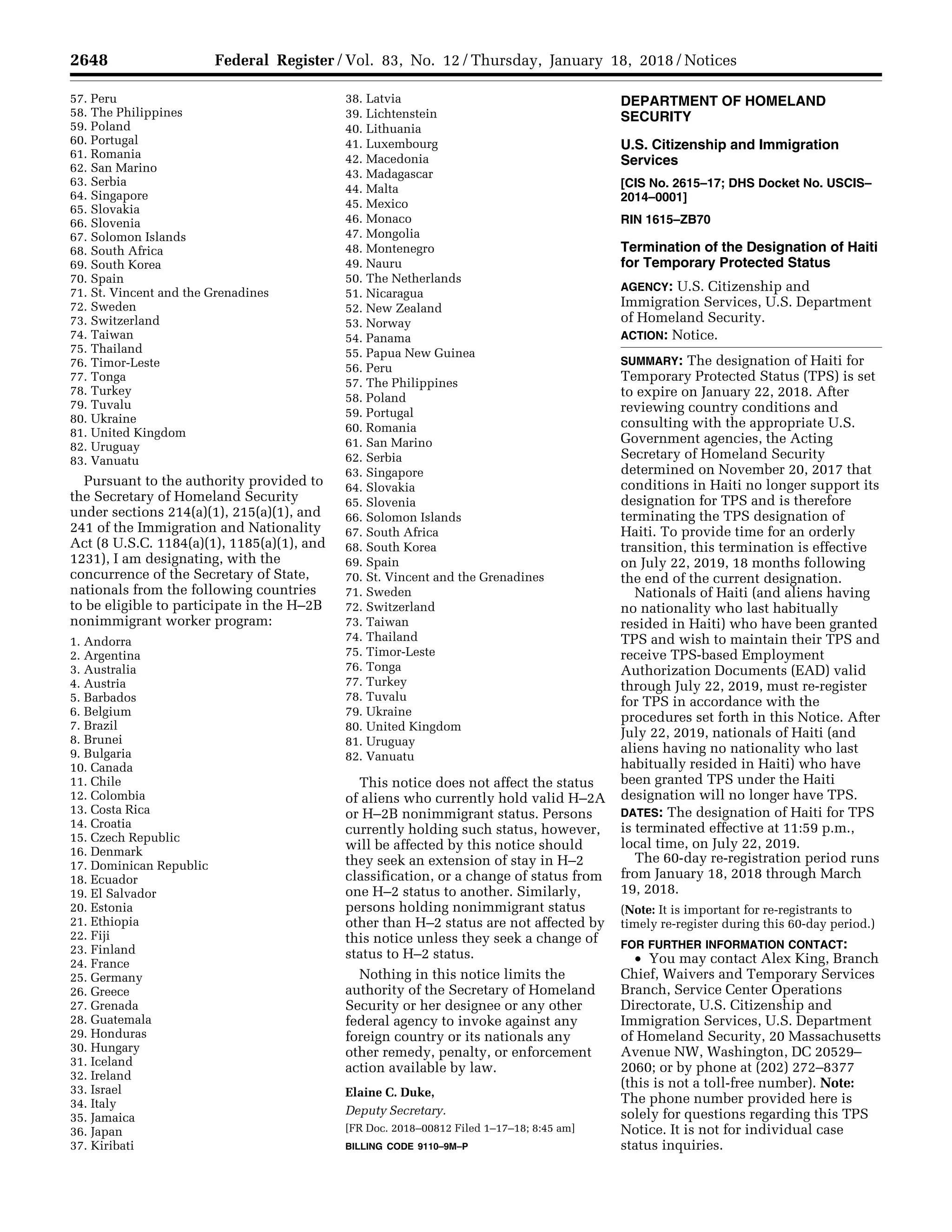 Posting of Federal Register: Termination of TPS for El Salvador and ...