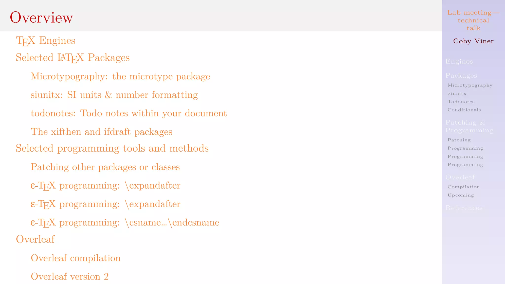 Topics in TeX and LaTeX: Selected packages, programming, and Overleaf ...