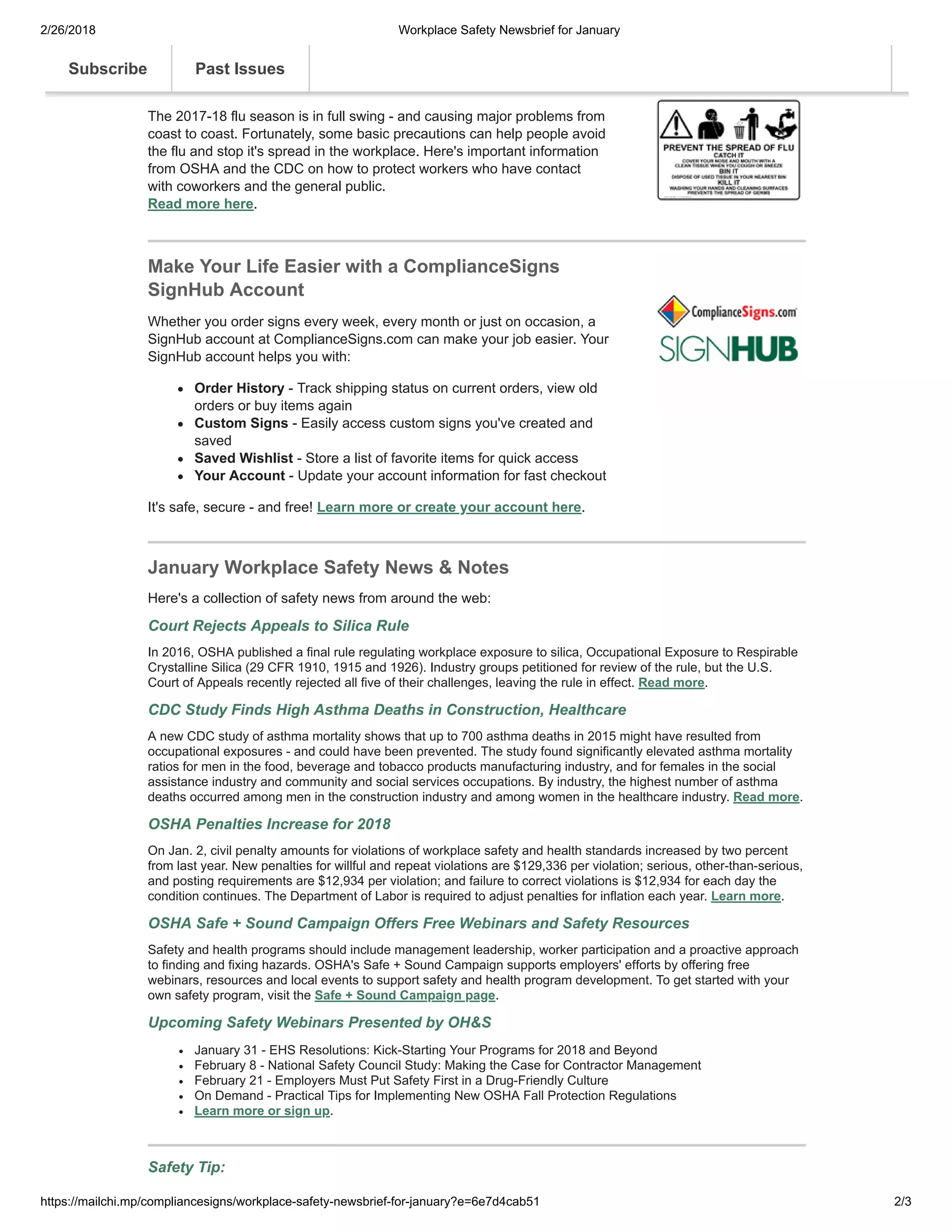 January 2018 ComplianceSigns Connection Workplace Safety Newsletter | PDF