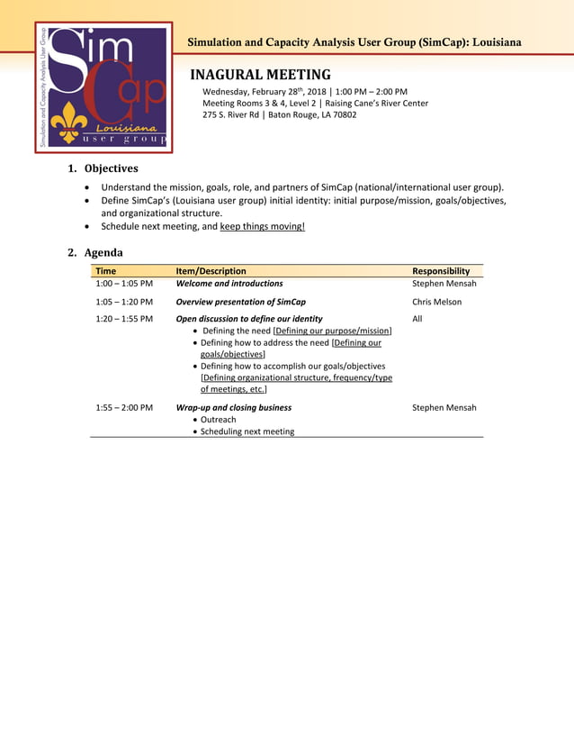 SimCap Louisiana Inaugural Meeting Agenda | PDF