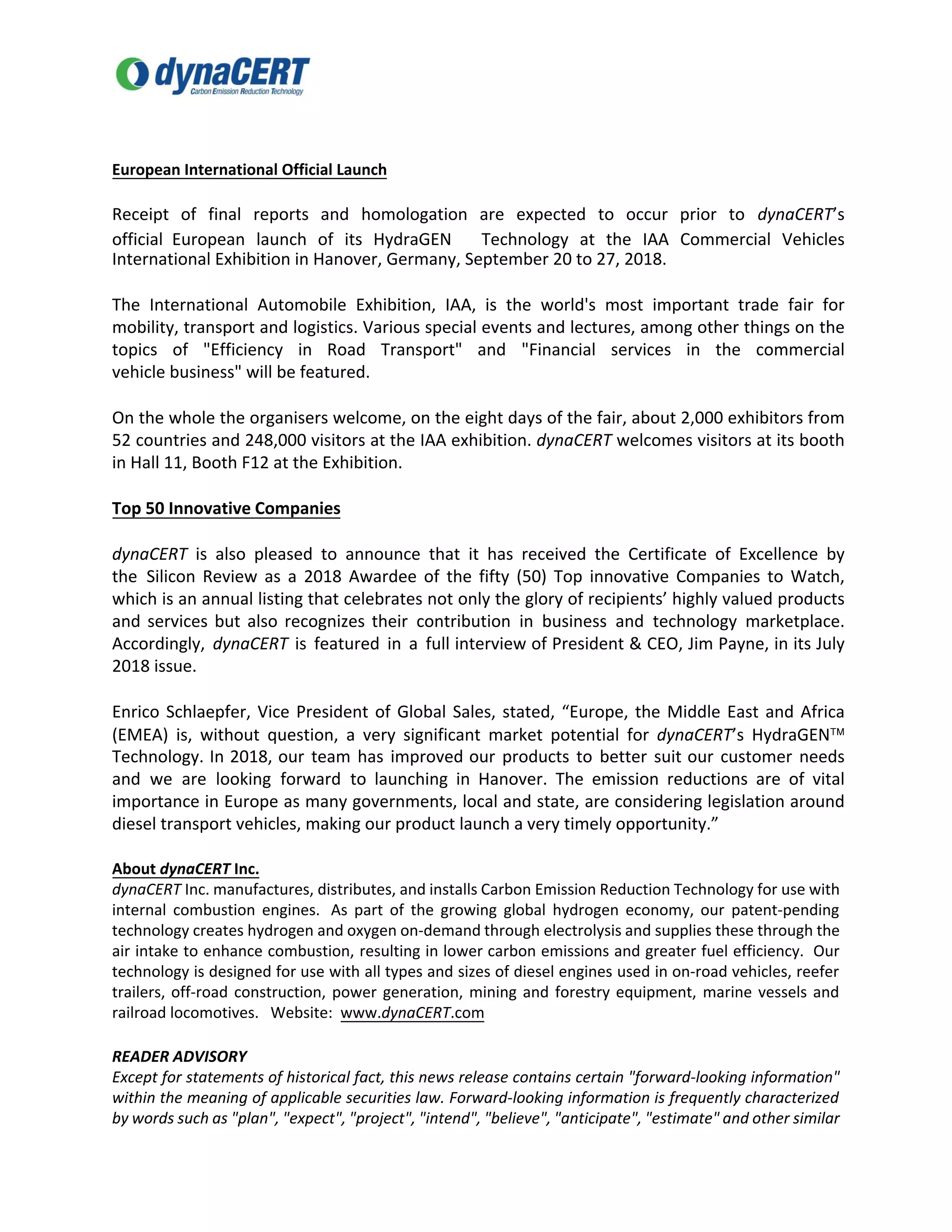 dynaCERT Provides Updates on Homologation and Product Launch in Europe ...