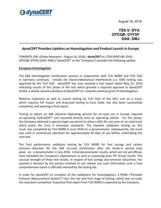 dynaCERT Provides Updates on Homologation and Product Launch in Europe ...