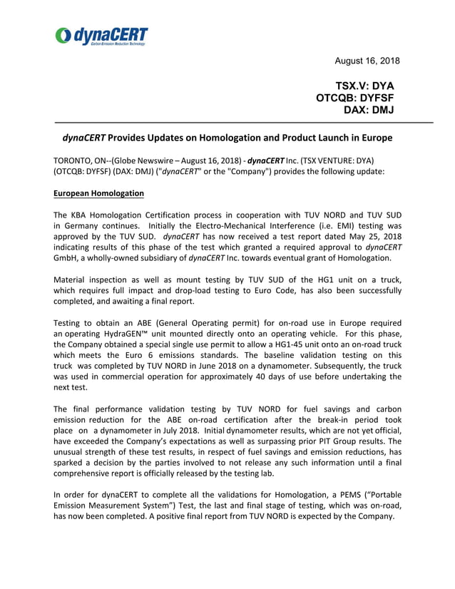 dynaCERT Provides Updates on Homologation and Product Launch in Europe ...