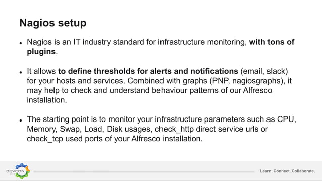 Alfresco monitoring with Nagios and ELK stack | PPT