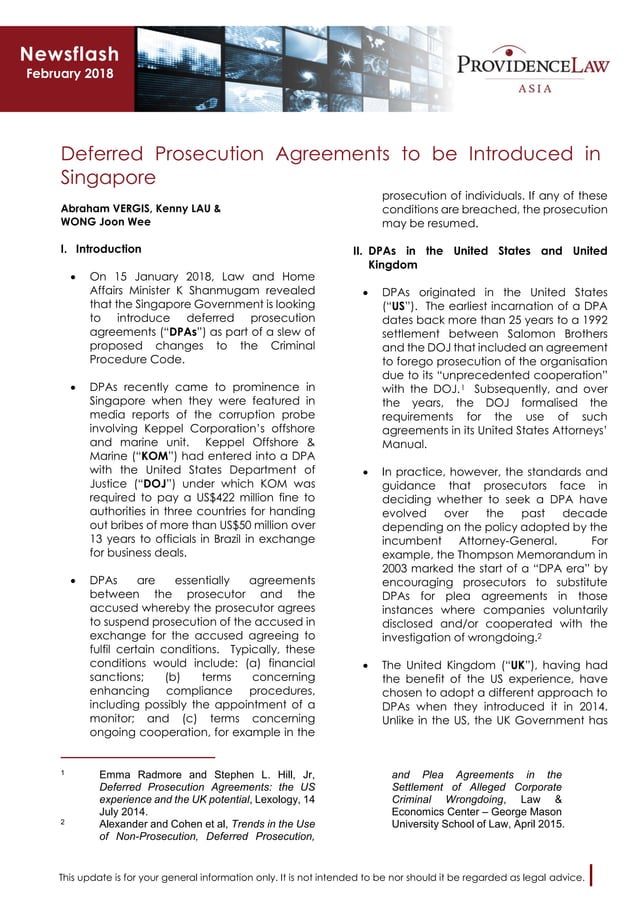 2018.02 Deferred prosecution agreements to be introduced in Singapore | PDF