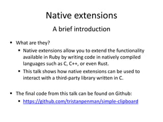 Writing a Gem with native extensions | PPTX | Programming Languages | Computing
