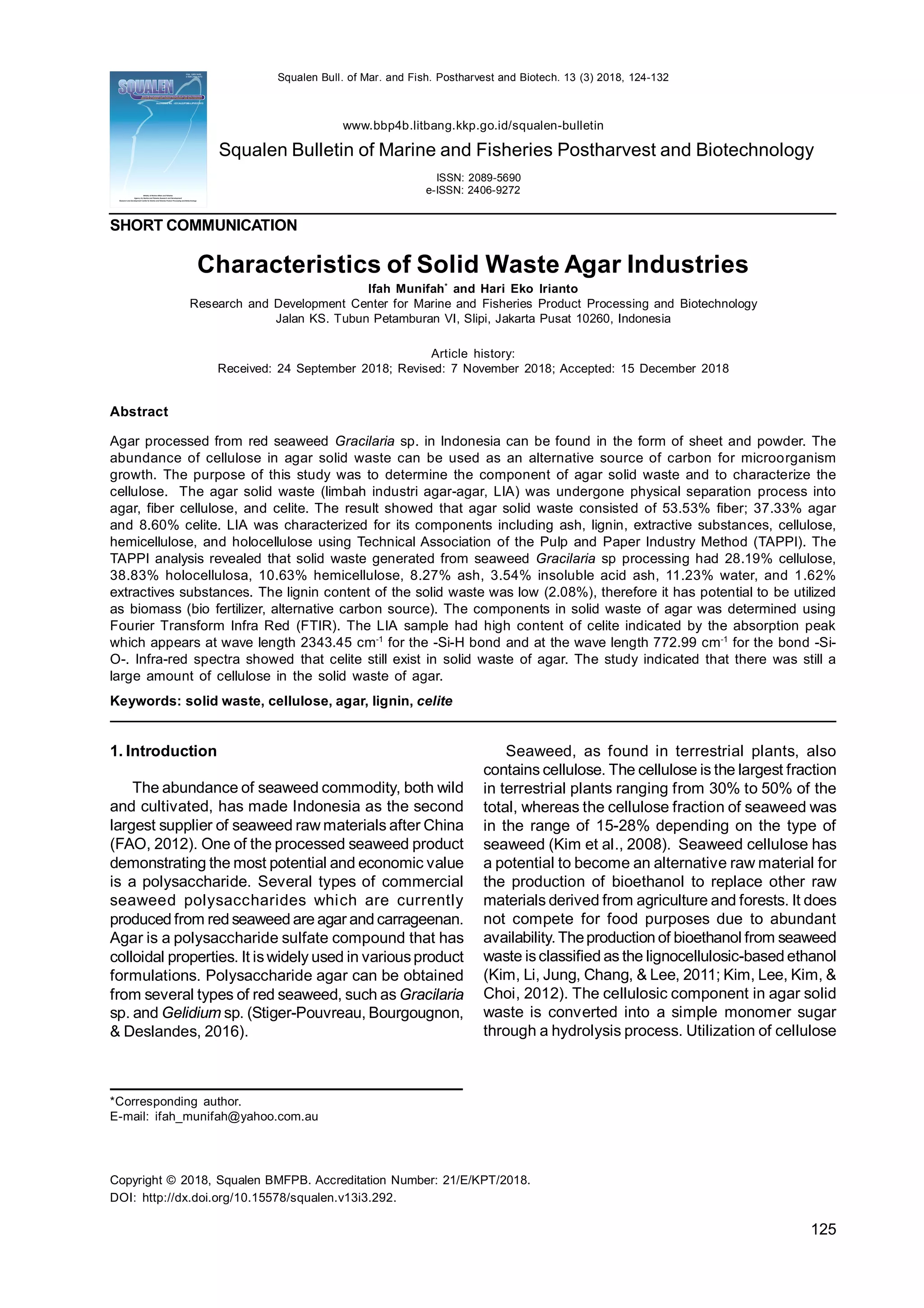 characteristics of solid waste of agar-agar industries | PDF