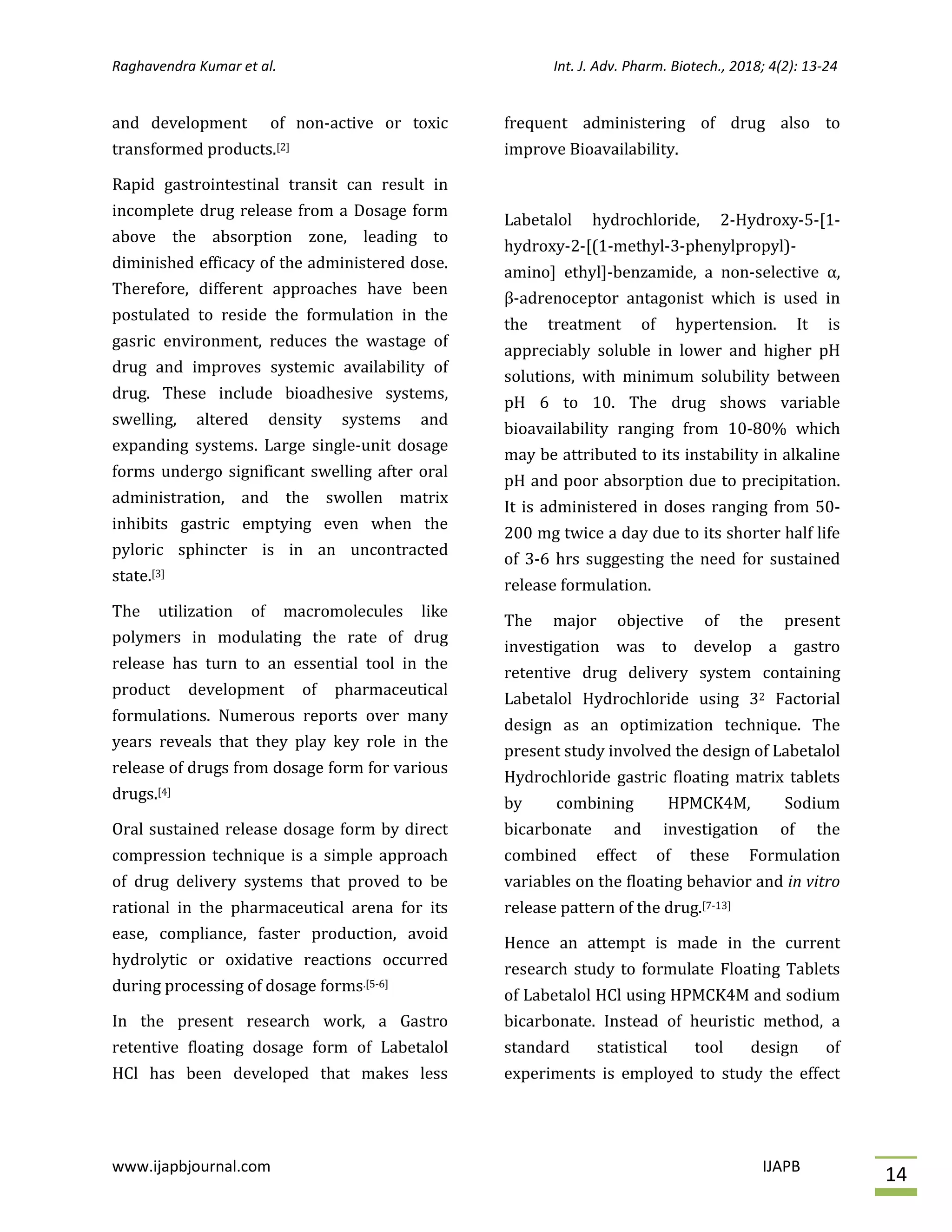 DESIGN, DEVELOPMENT AND EVALUATION OF LABETALOL HCl GASTRO RETENTIVE FLOATING TABLETS. | PDF