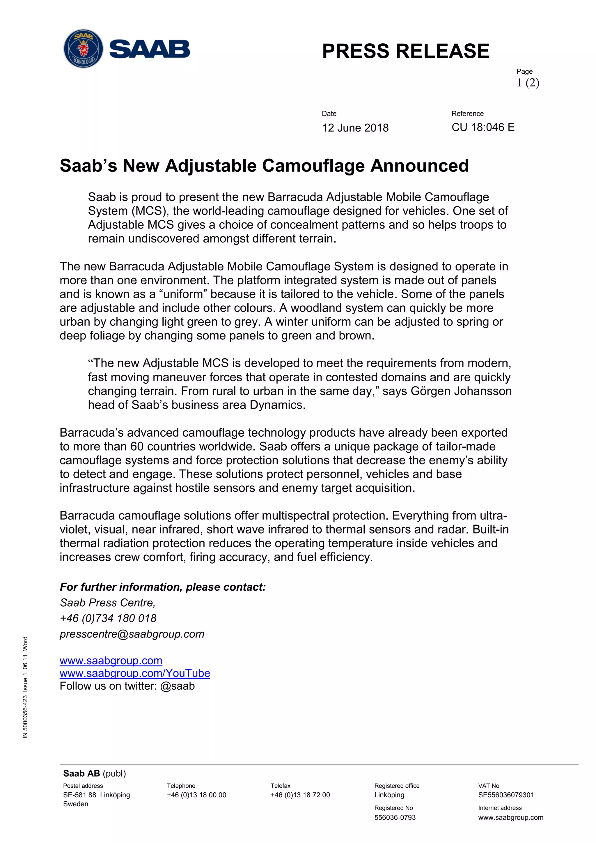 SAAB’S NEW ADJUSTABLE CAMOUFLAGE ANNOUNCED | PDF