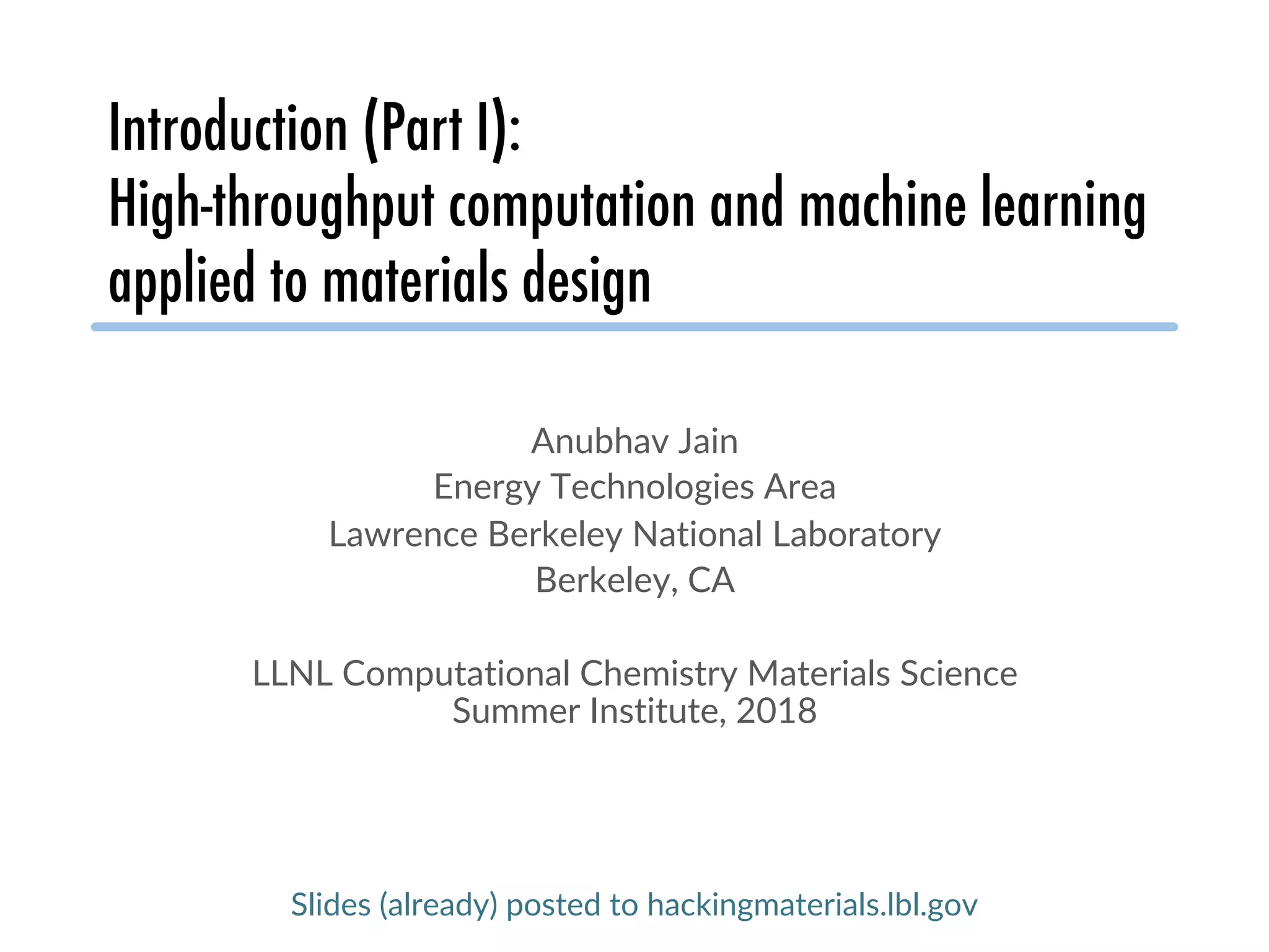 Introduction Part I High Throughput Computation And Machine Learning Applied To Materials