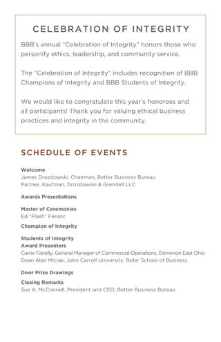 2018 Celebration of Integrity Program | PDF