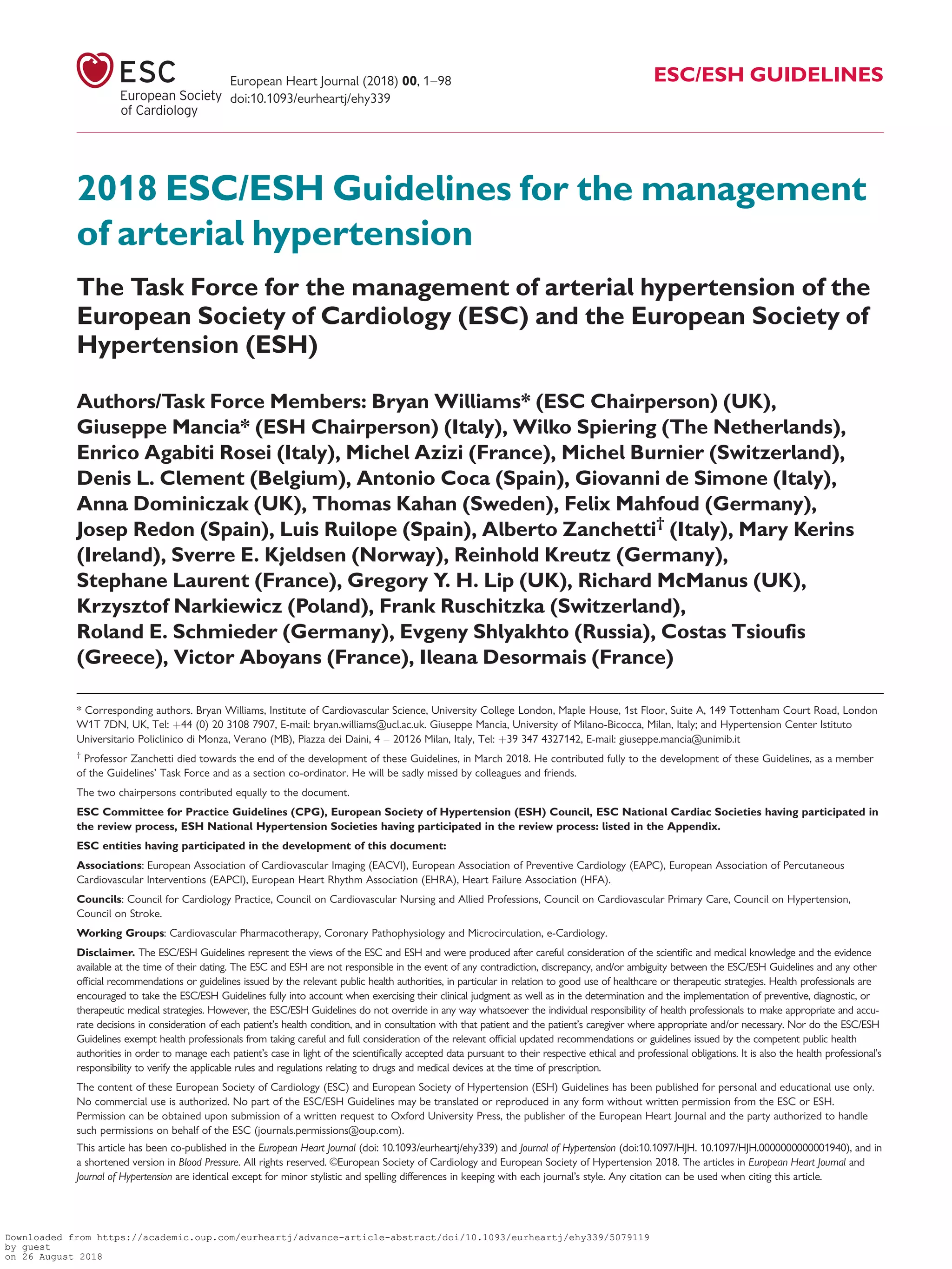 2018 Esc Esh Guidelines For The Management Of Arterial Hypertension Pdf