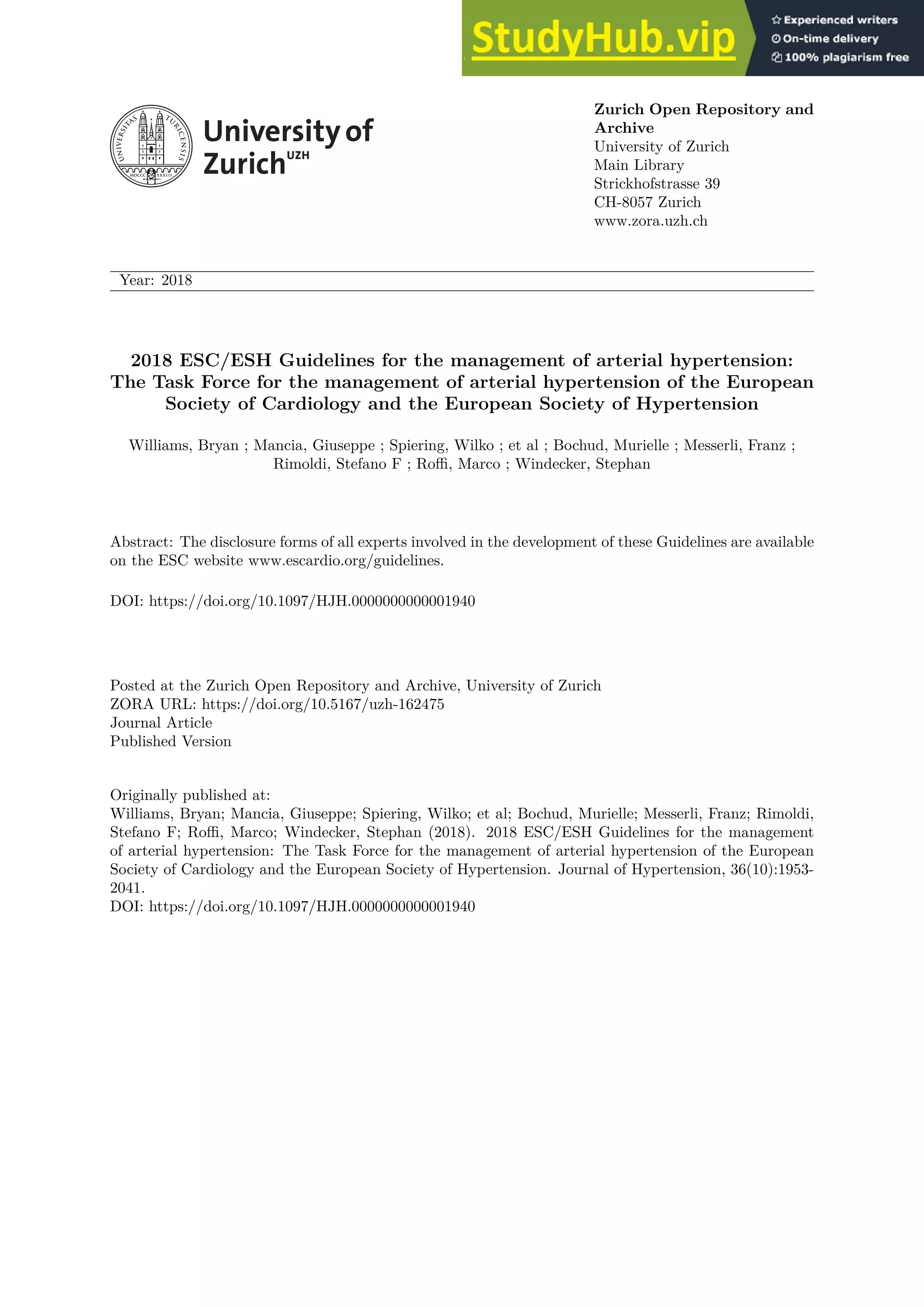 2018 ESC ESH Guidelines For The Management Of Arterial Hypertension | PDF