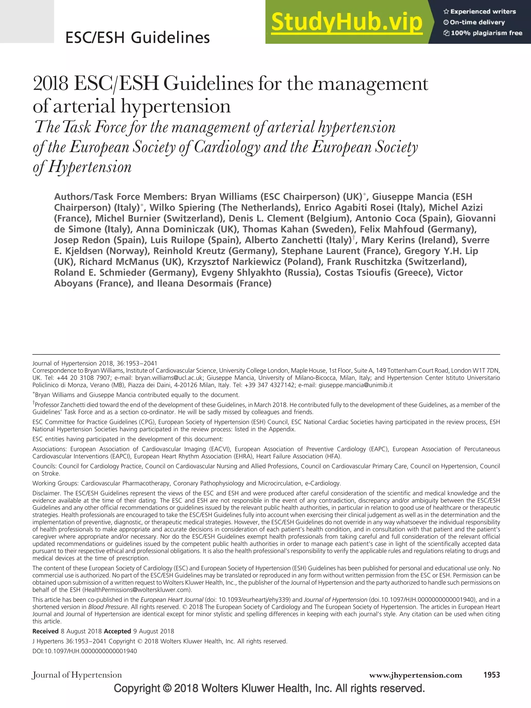 2018 ESC ESH Guidelines For The Management Of Arterial Hypertension | PDF