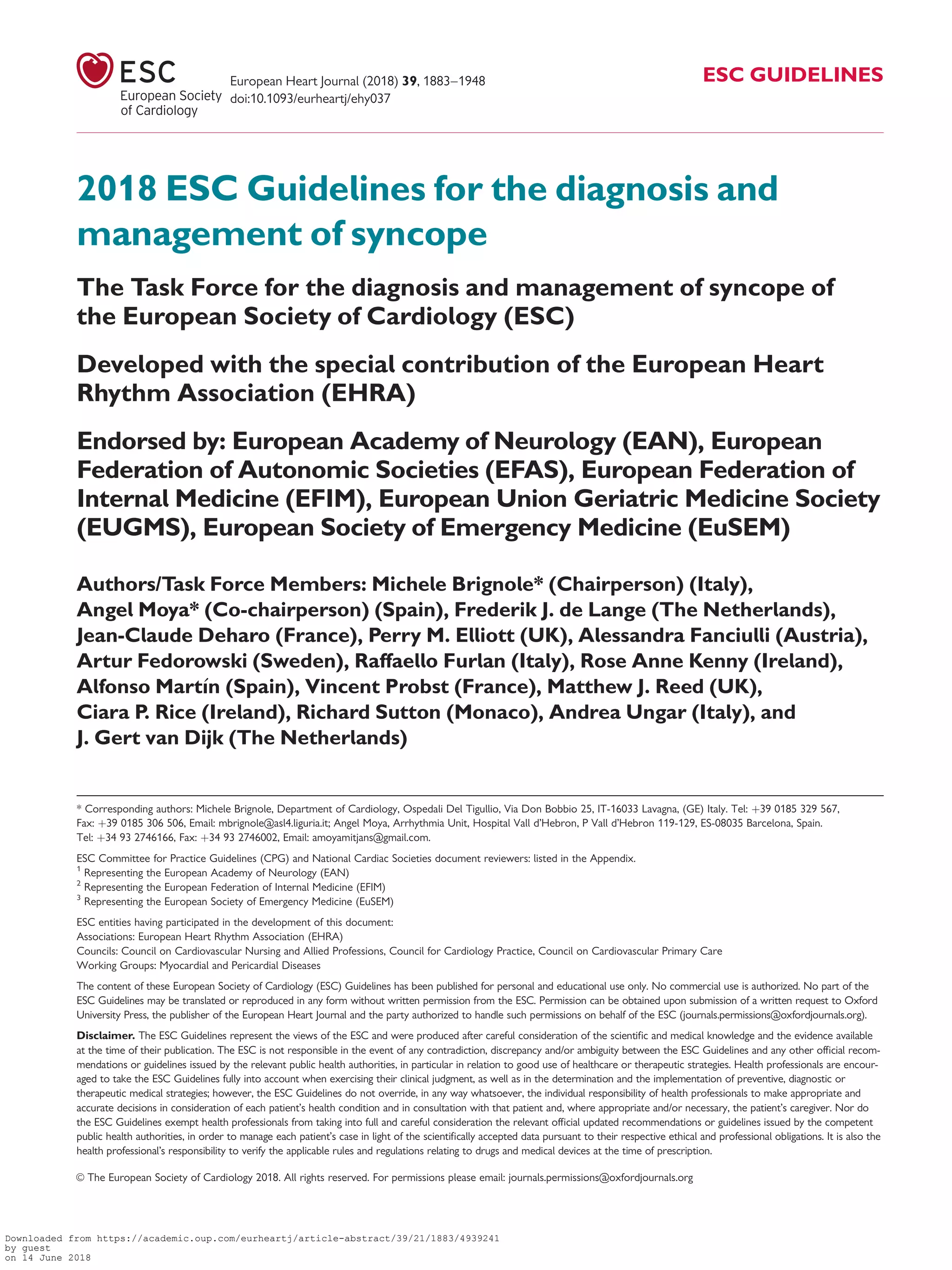 2018 esc guidelines for the diagnosis and management of syncope | PDF