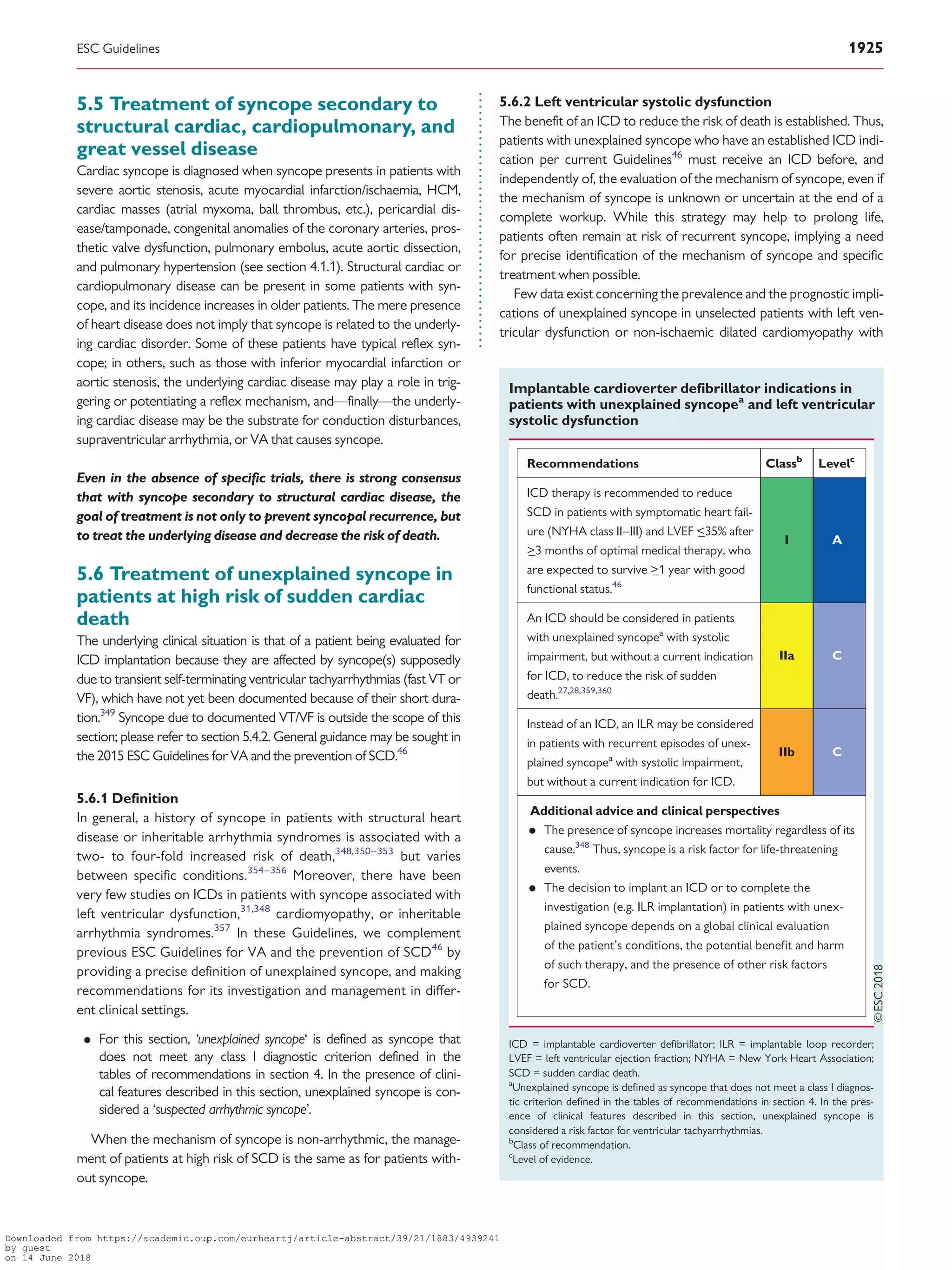 2018 esc guidelines for the diagnosis and management of syncope | PDF