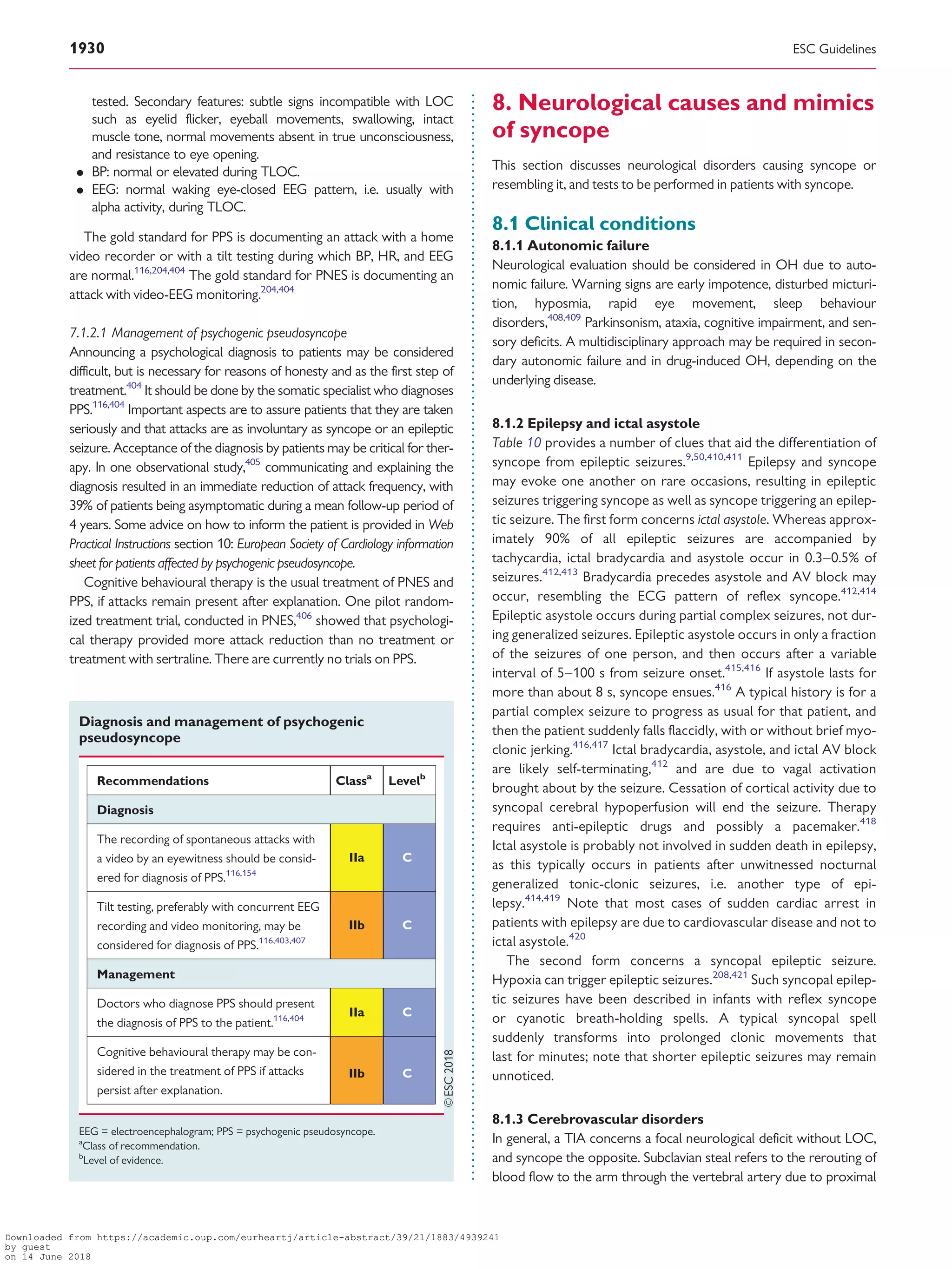 2018 esc guidelines for the diagnosis and management of syncope | PDF