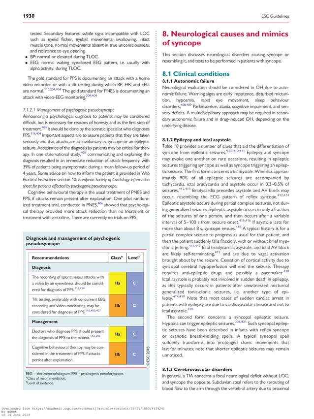 2018 esc guidelines for the diagnosis and management of syncope | PDF ...