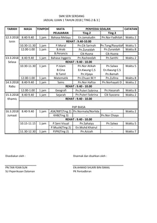 2018 jadual ujian 1 ting 2 & 3 | PDF