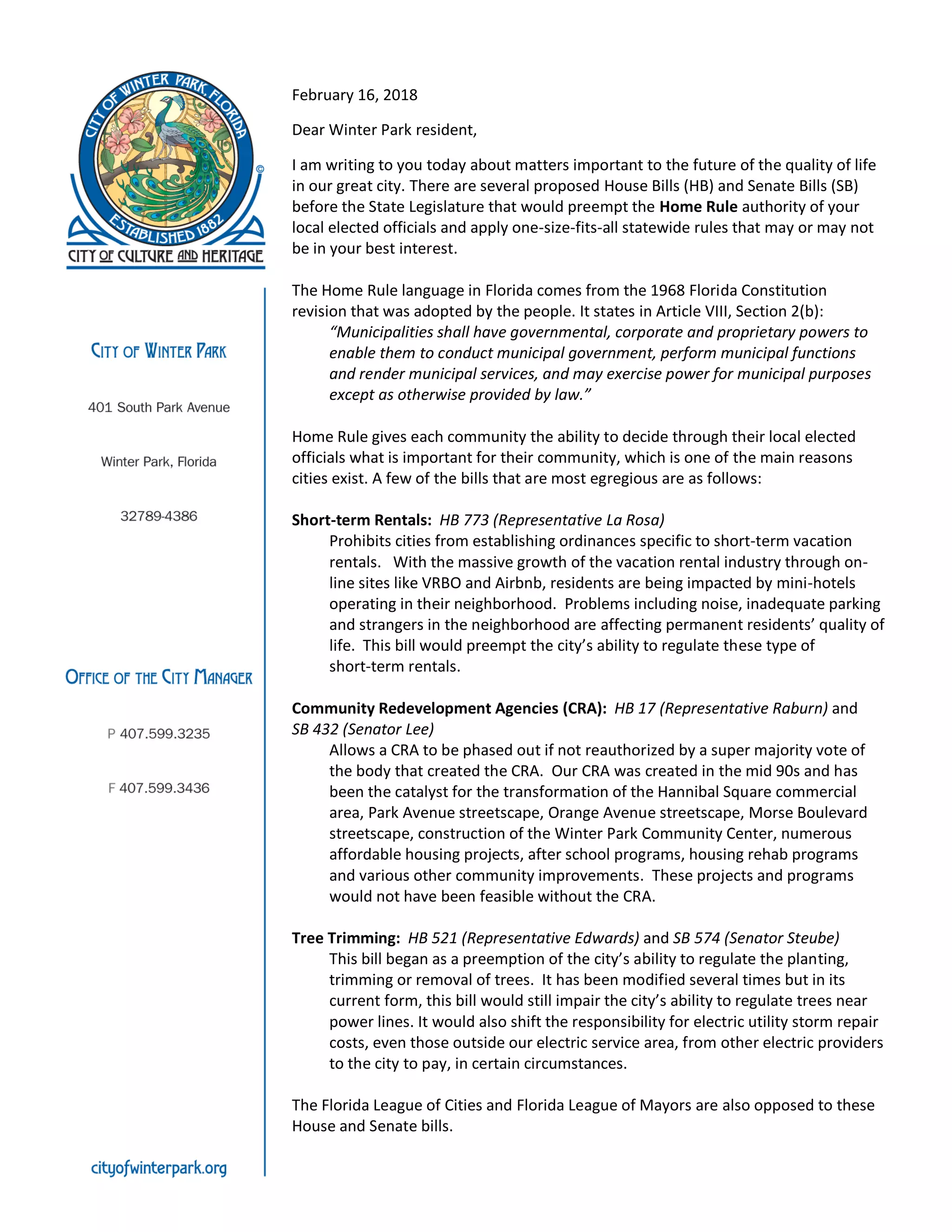 2018 legislative letter to wp residents | PDF