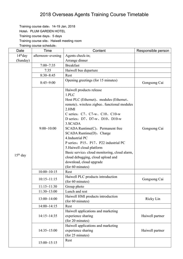 Haiwell 2018 oversea parners technical training timetable | PDF