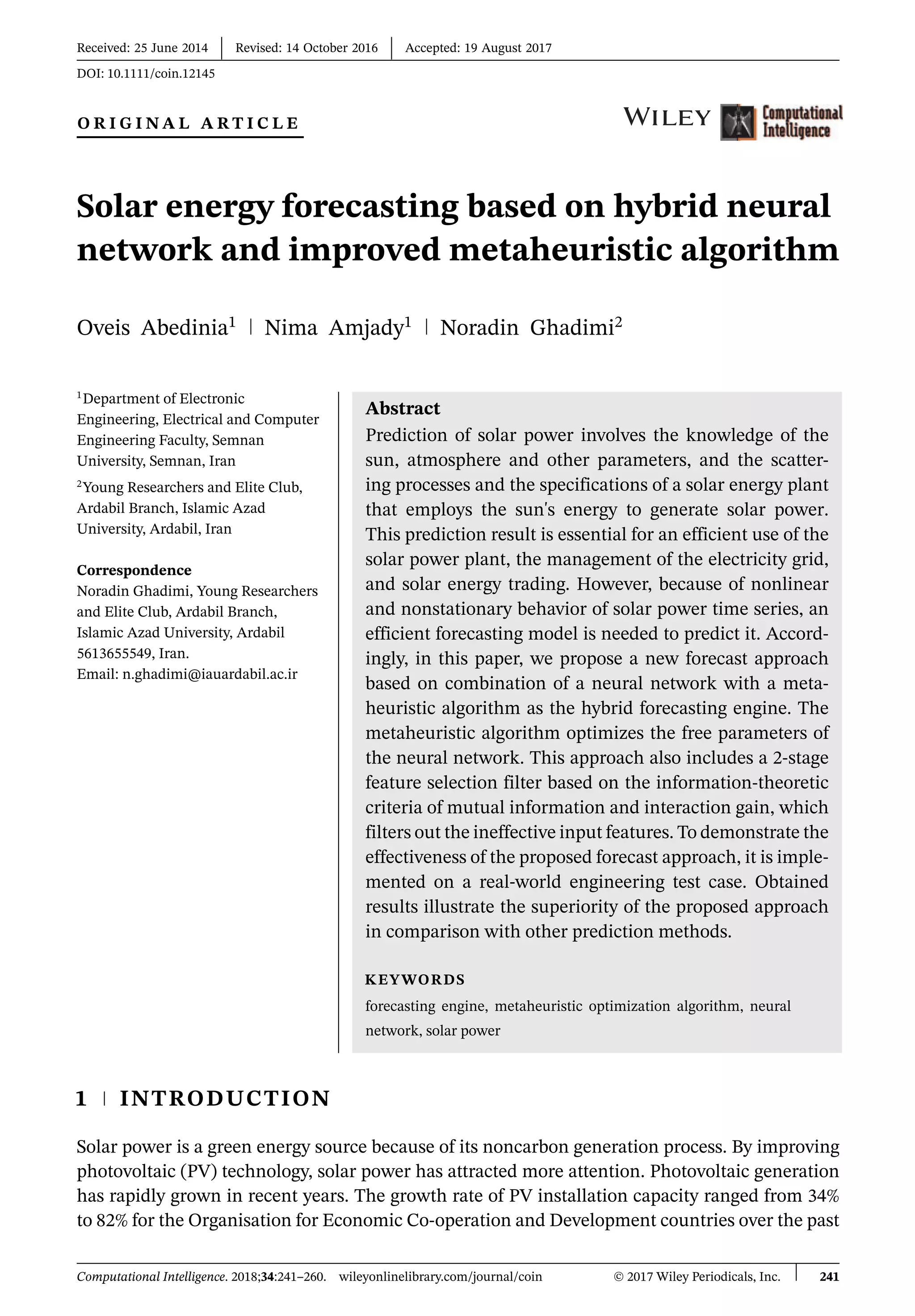 2018 Solar Energy Forecasting Based On Hybrid Neural Network And Improved Metaheuristic