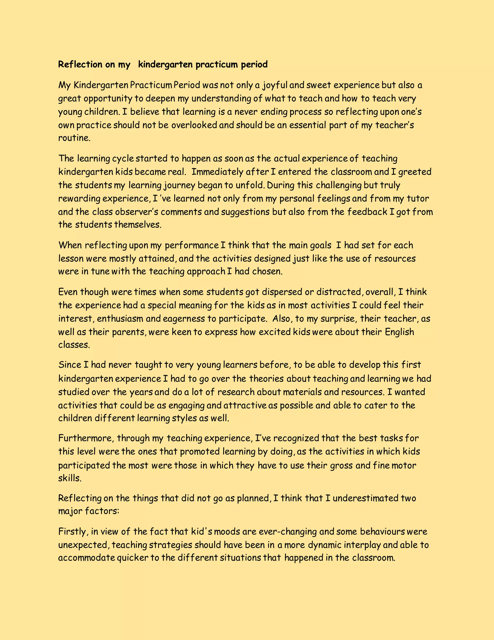 My final reflection on the kindergarten practicum period | DOCX