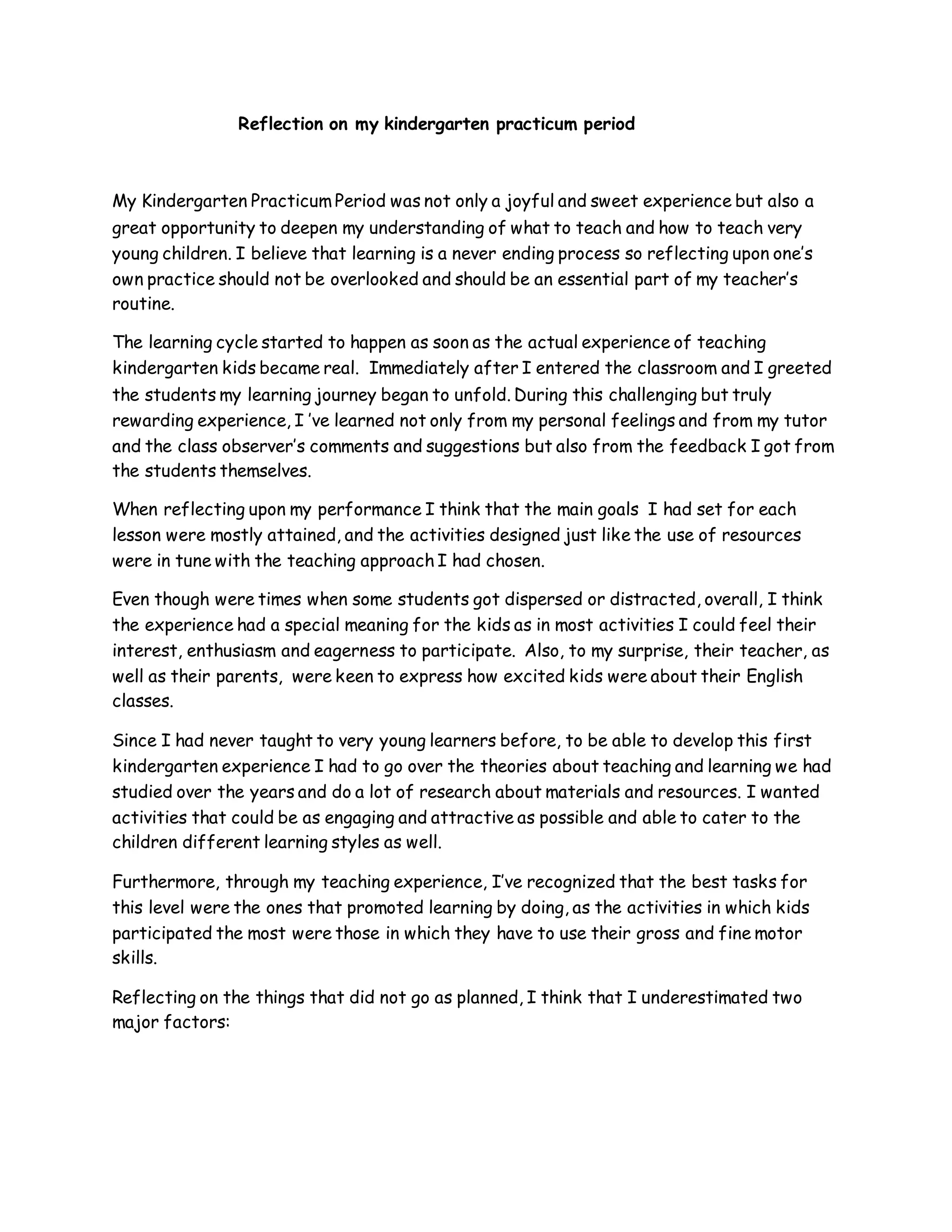 My final reflection on the kindergarten practicum period | DOCX