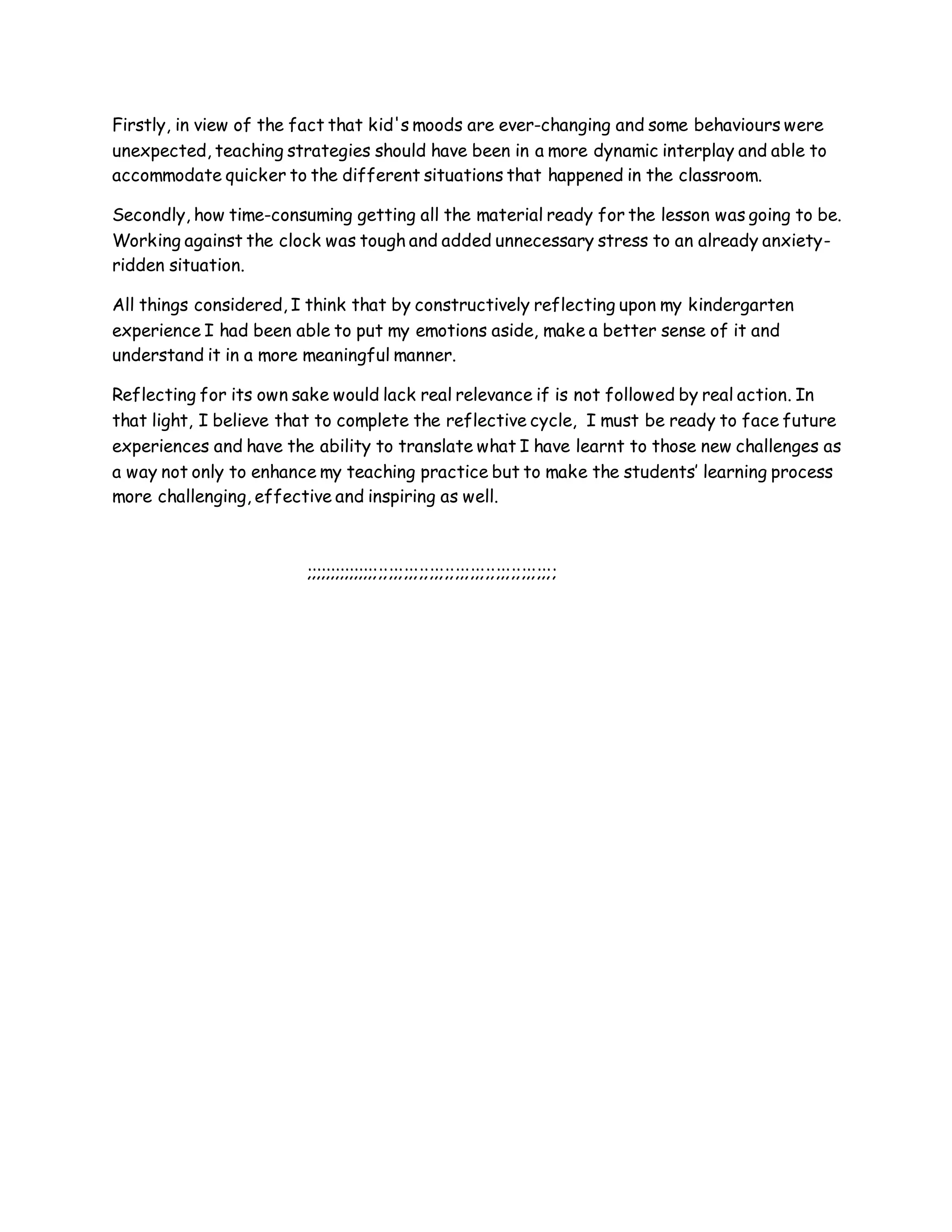 My final reflection on the kindergarten practicum period | DOCX