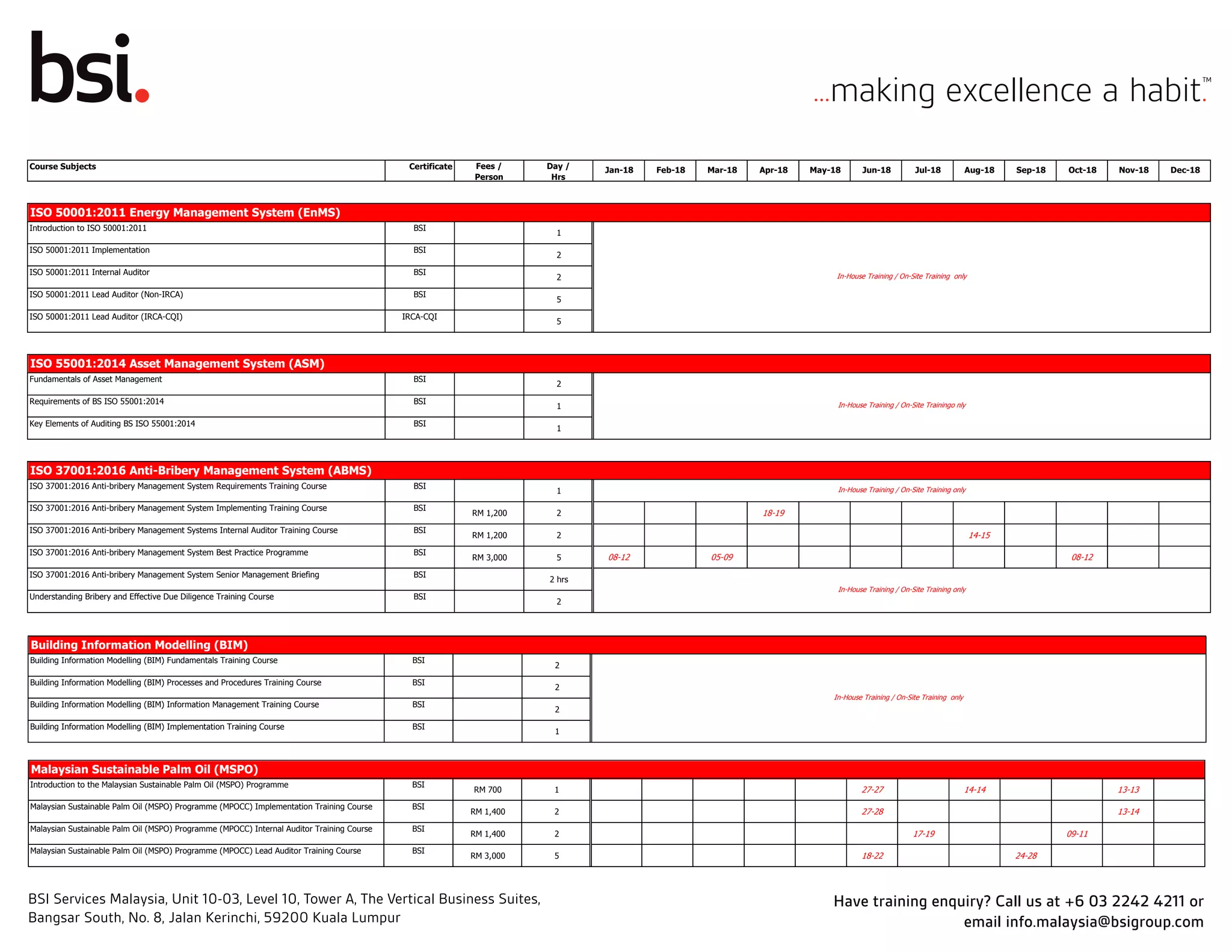 BSI 2018 training calendar master. | PPT