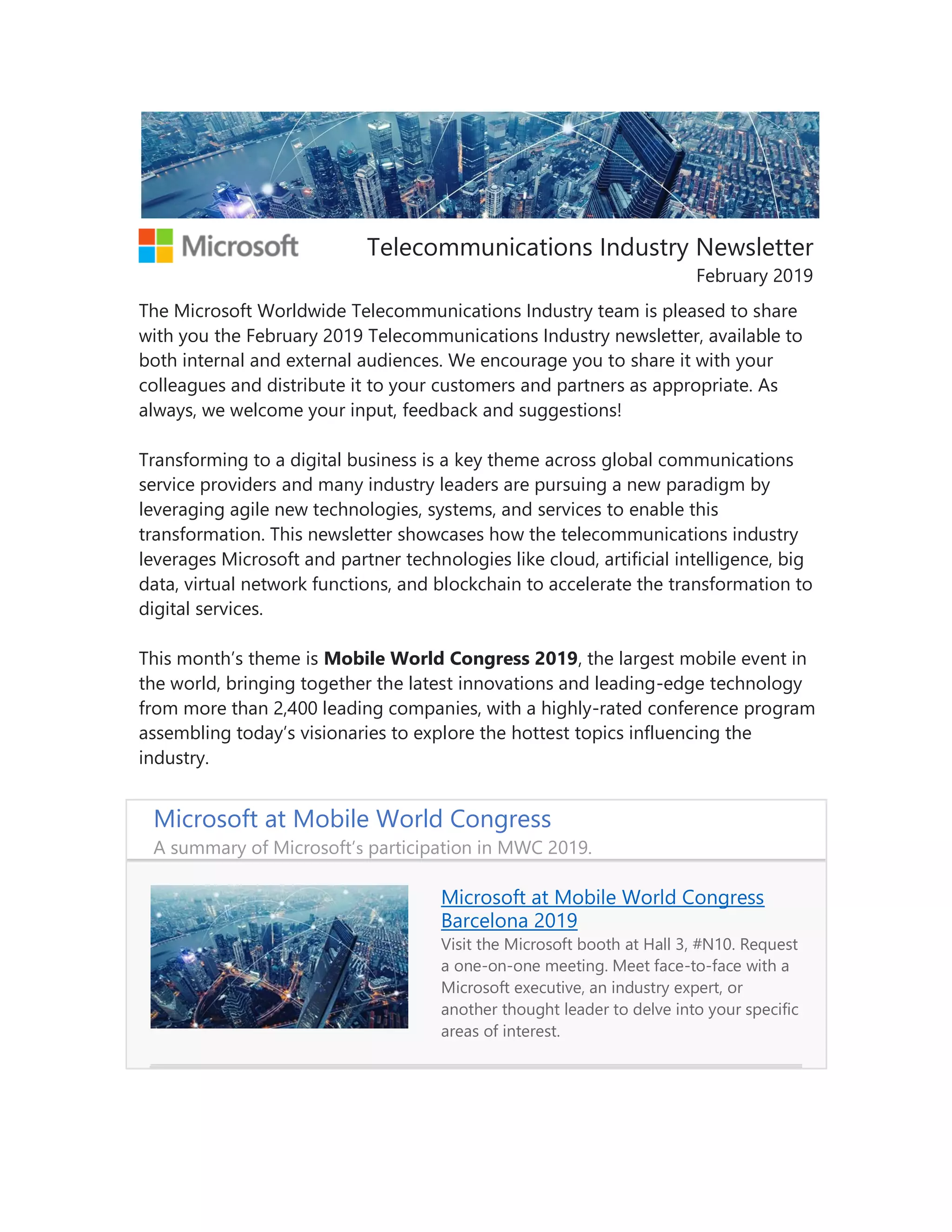 Telecommunications Industry Newsletter | February 2019 | PDF