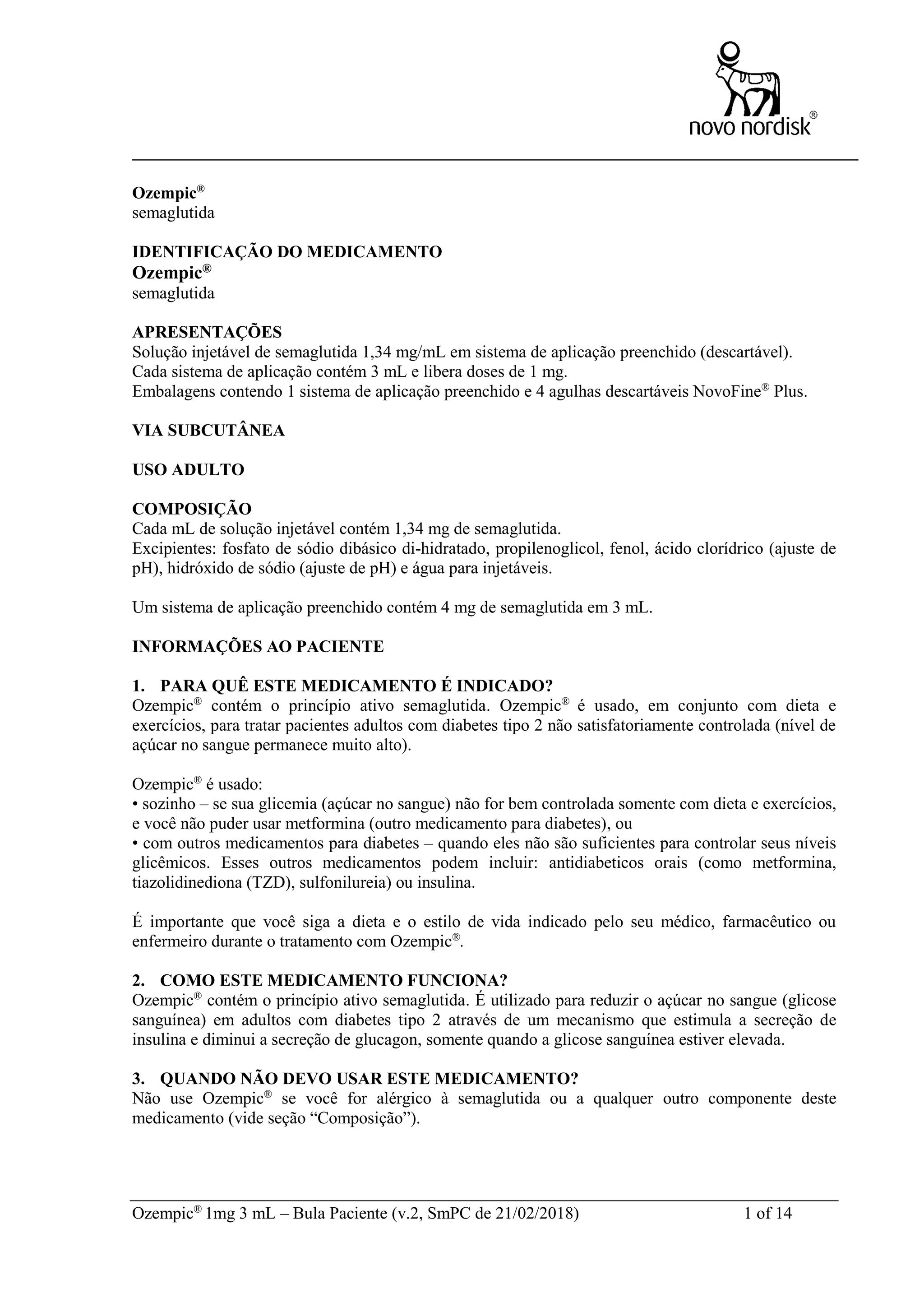 Bula do Ozempic, remédio para tratar diabetes tipo 2 usado para ...