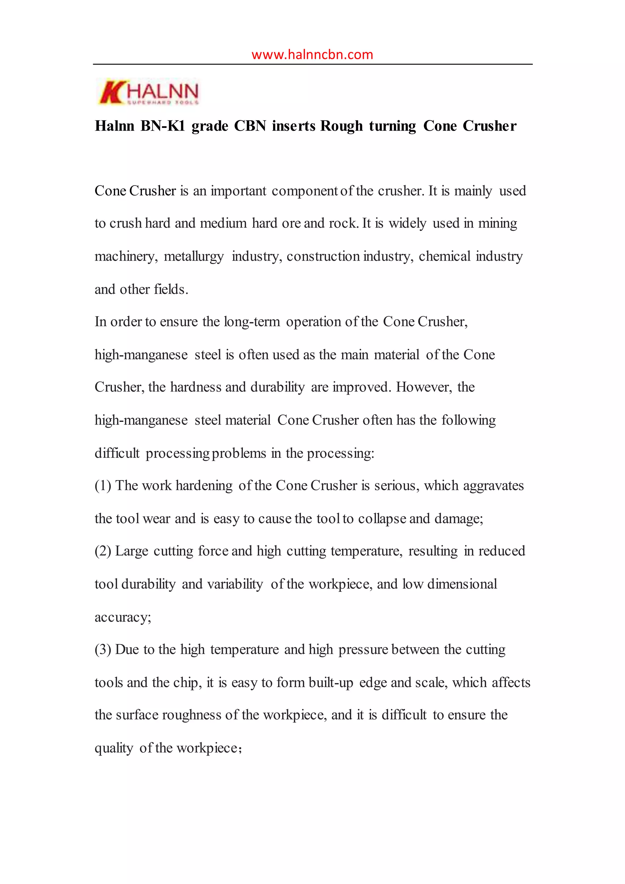 Halnn BN-K1 grade CBN inserts Rough Turning Cone Crusher | PDF