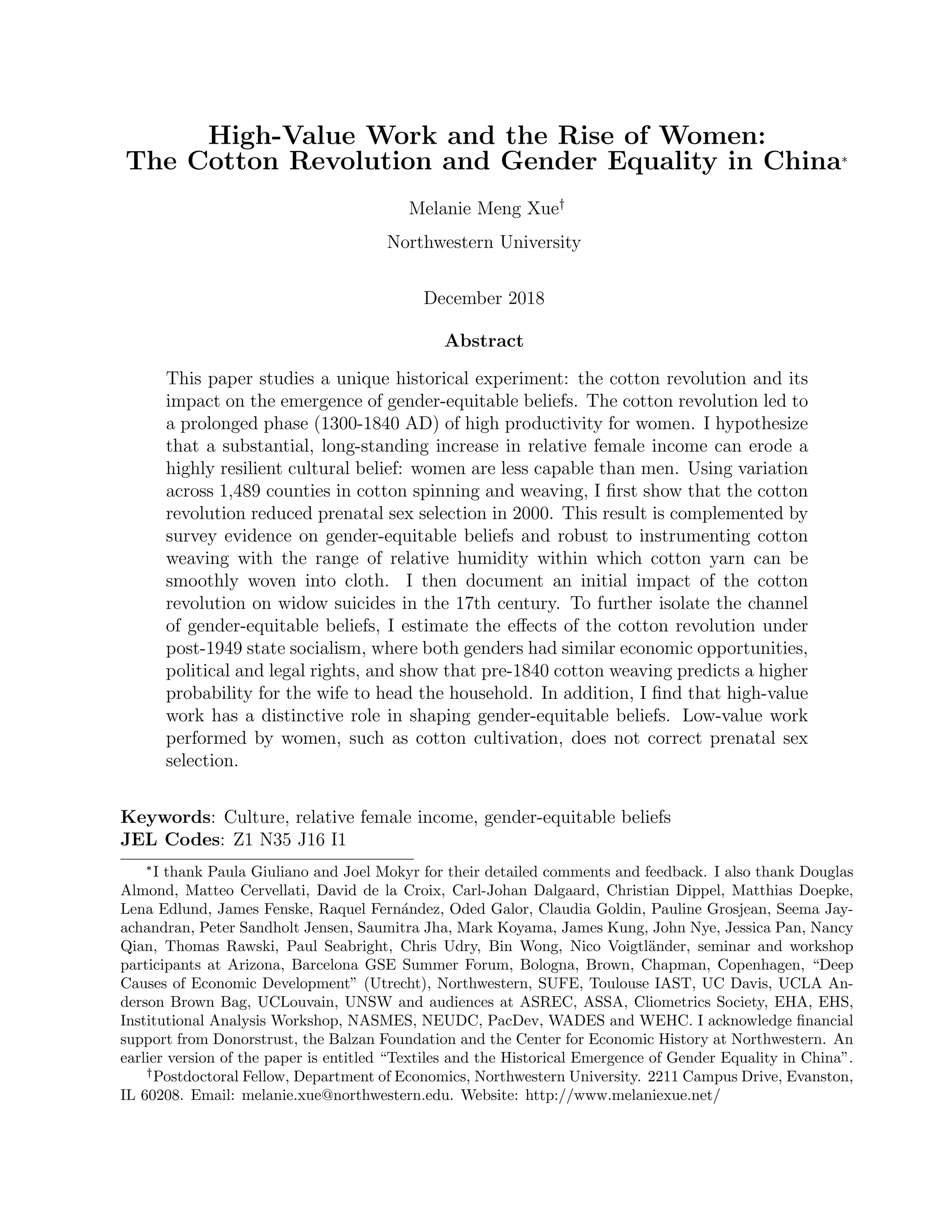 High-Value Work and the Rise of Women: The Cotton Revolution and Gender ...