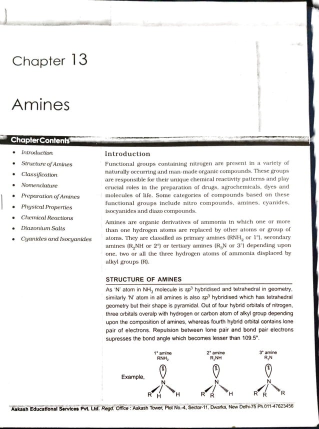 Aakash Institute Amines Notes Class 12 JEE Mains and Advanced | PDF