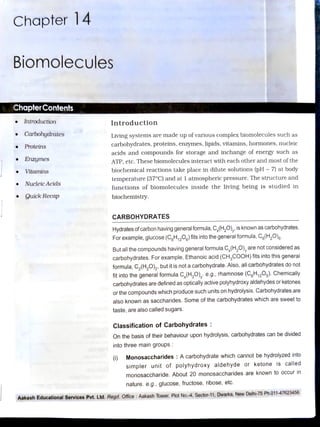 Akash Institute Biomolecules Notes Class 12 JEE Mains and Advanced | PDF