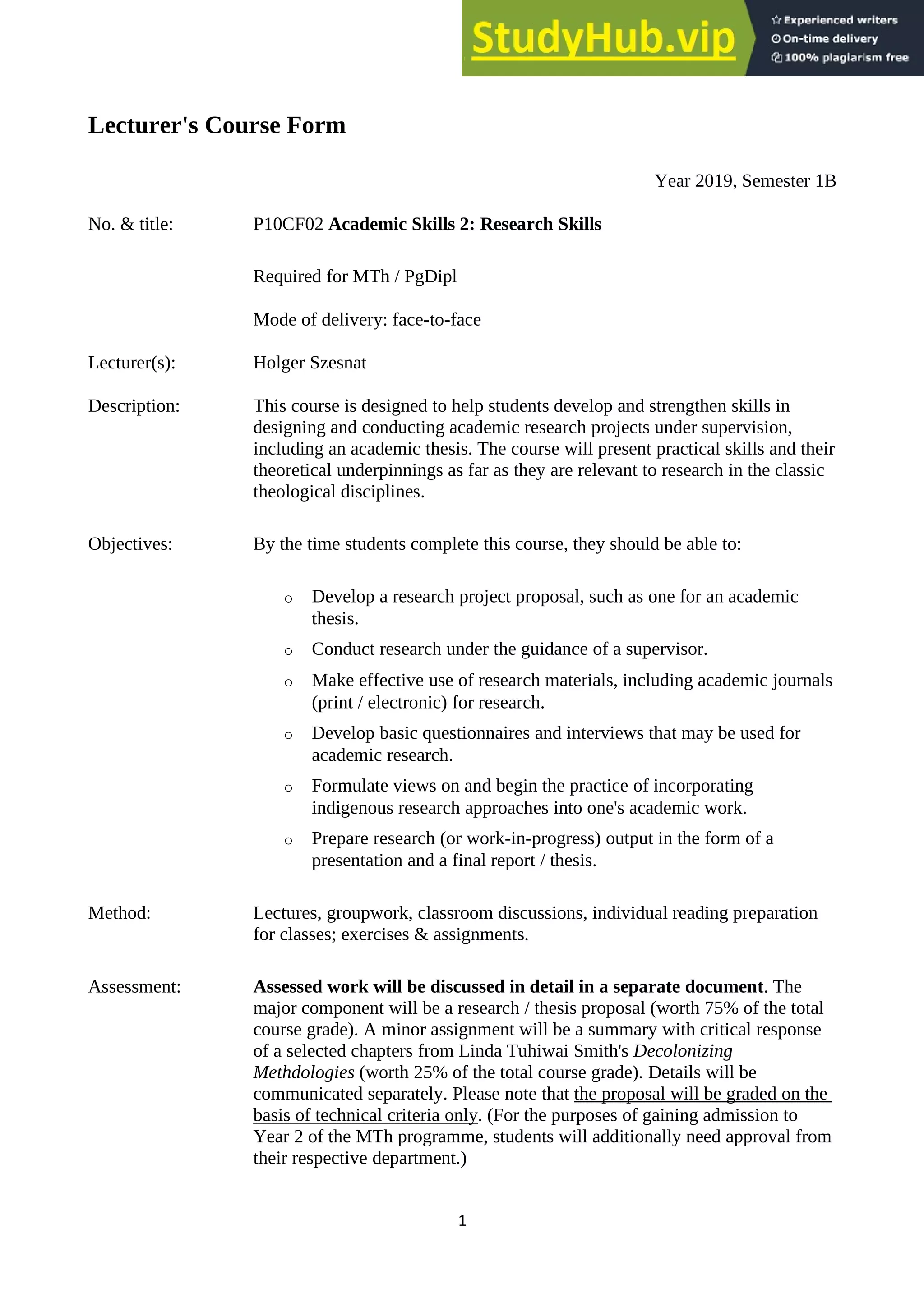 2019 Course Outline Research Skills | PDF