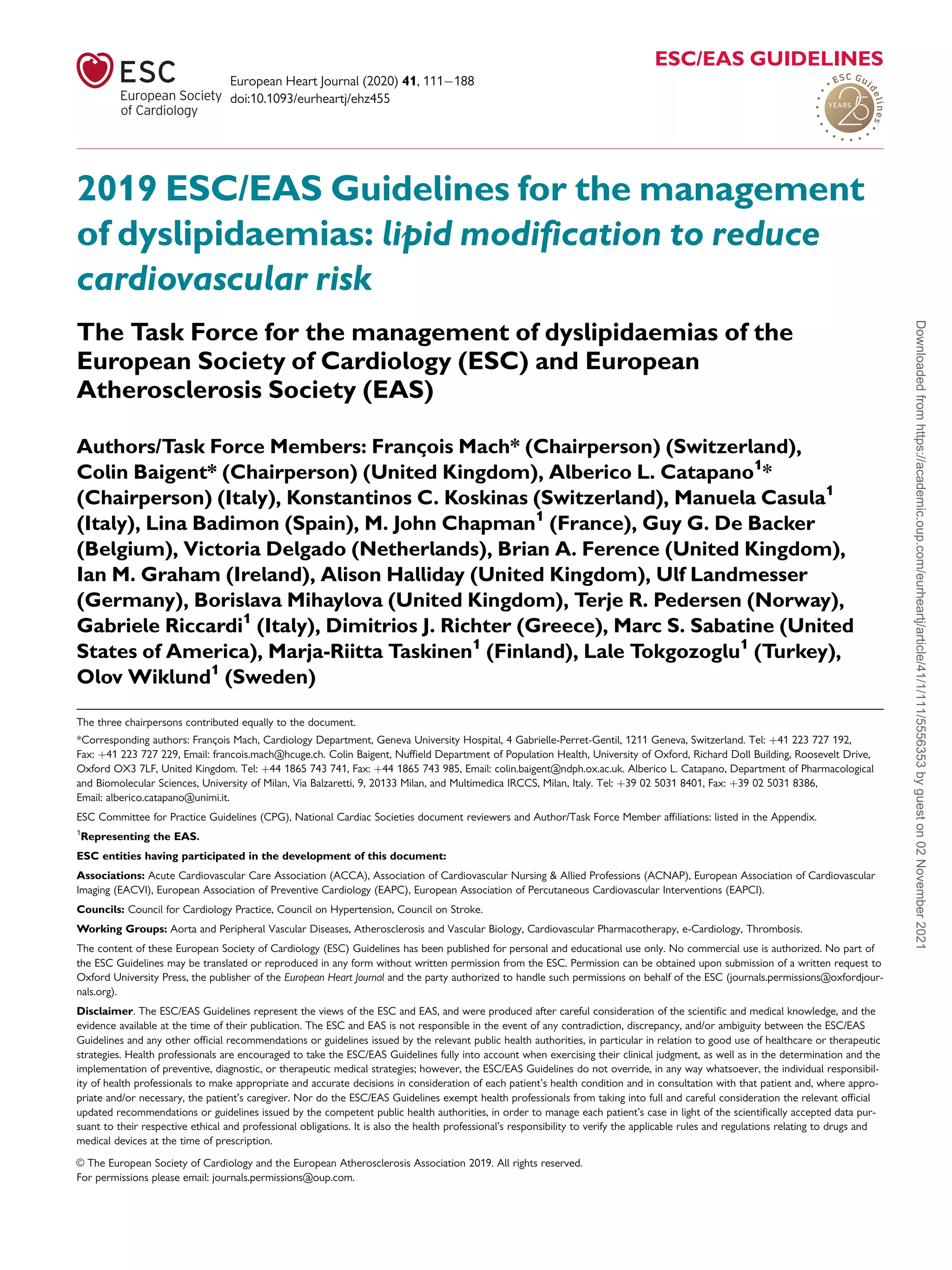 2019 ESCEAS (Dyslipidaemias) Guidelines for the management of ...