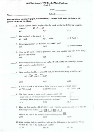 2019 Grade 2 Math Challenge Elimination Questions.pdf | Education