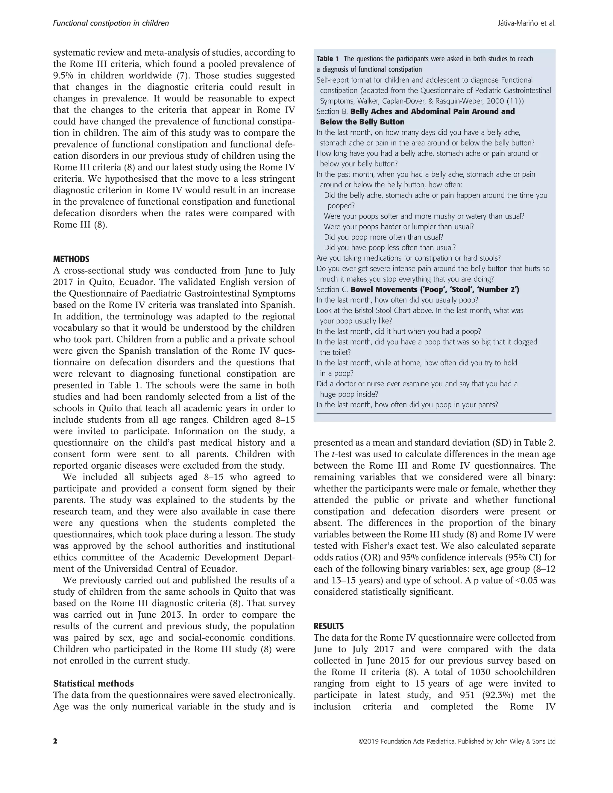 The prevalence of functional constipation in children was unchanged ...