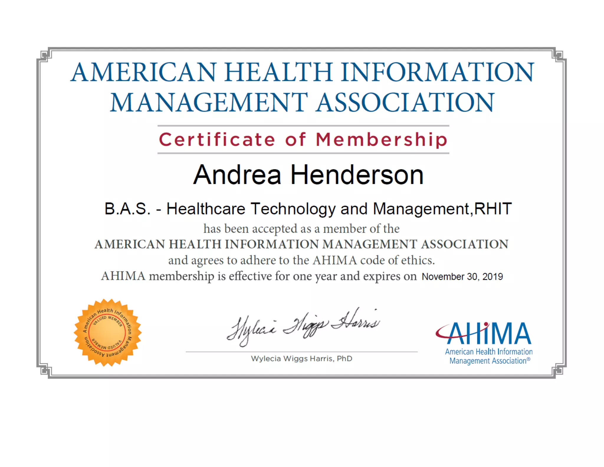 2019 AHIMA Membership Certificate | PDF