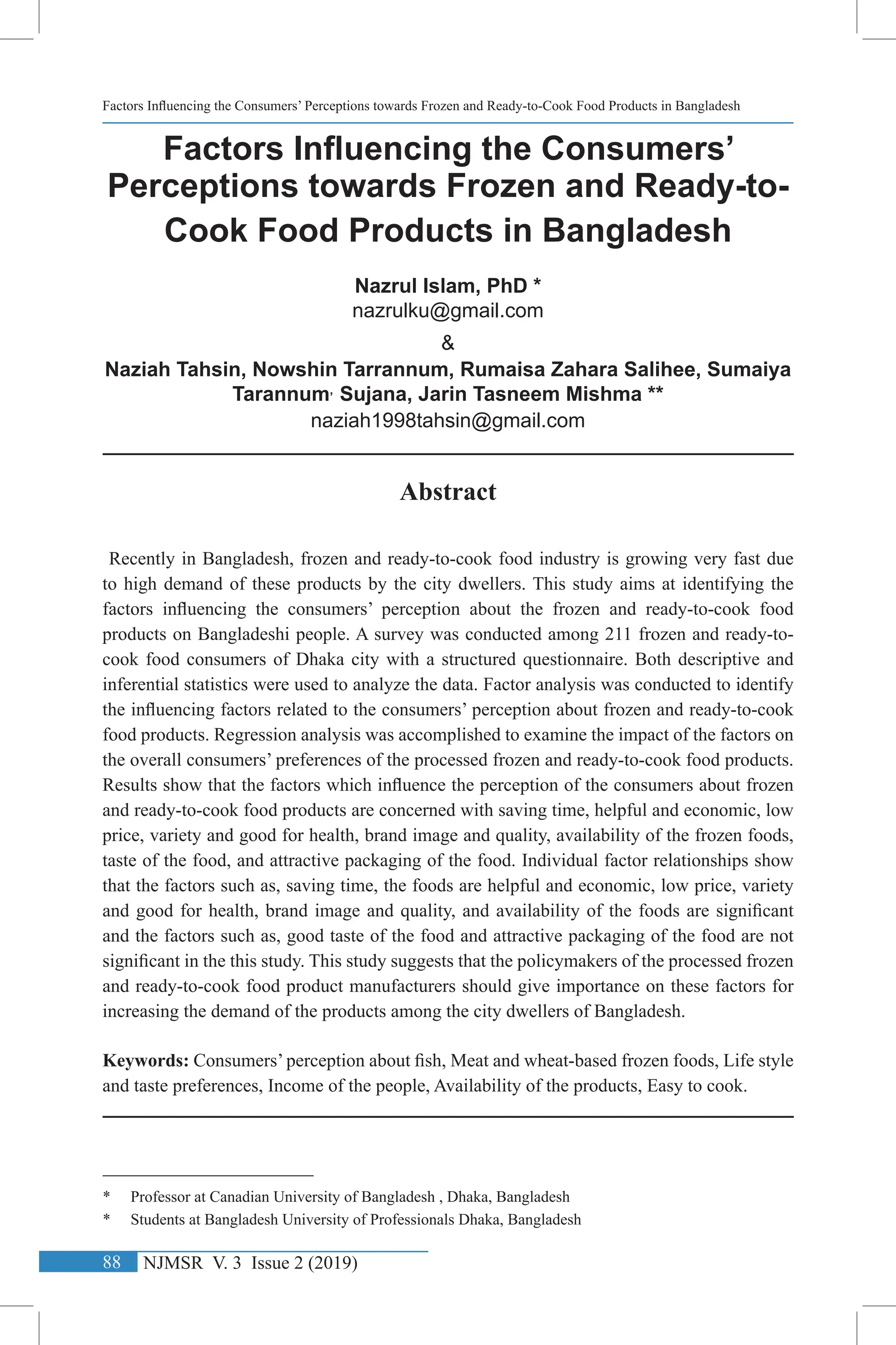 Factors Influencing the Consumers’ Perceptions towards Frozen and Ready ...